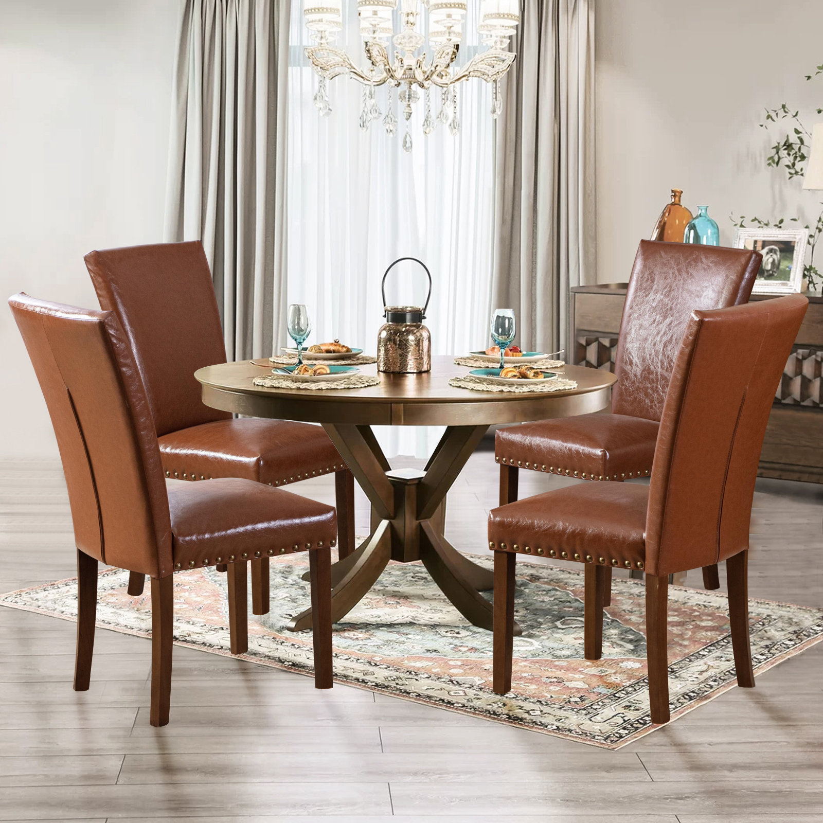 Lark Manor Nailhead Trim Leather Upholstered Side Chair Wood Dining