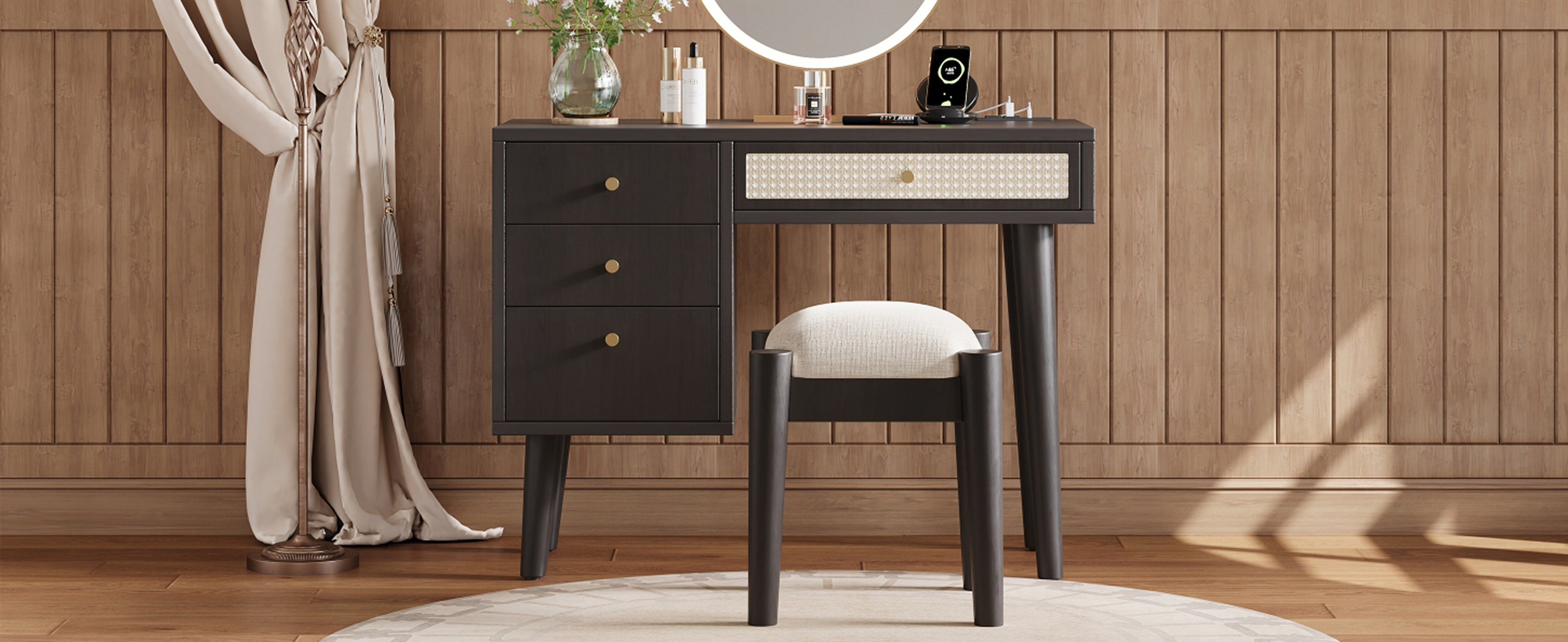 Corrigan Studio 39" Retro Bohemian Style Wooden Makeup Vanity Set With ...