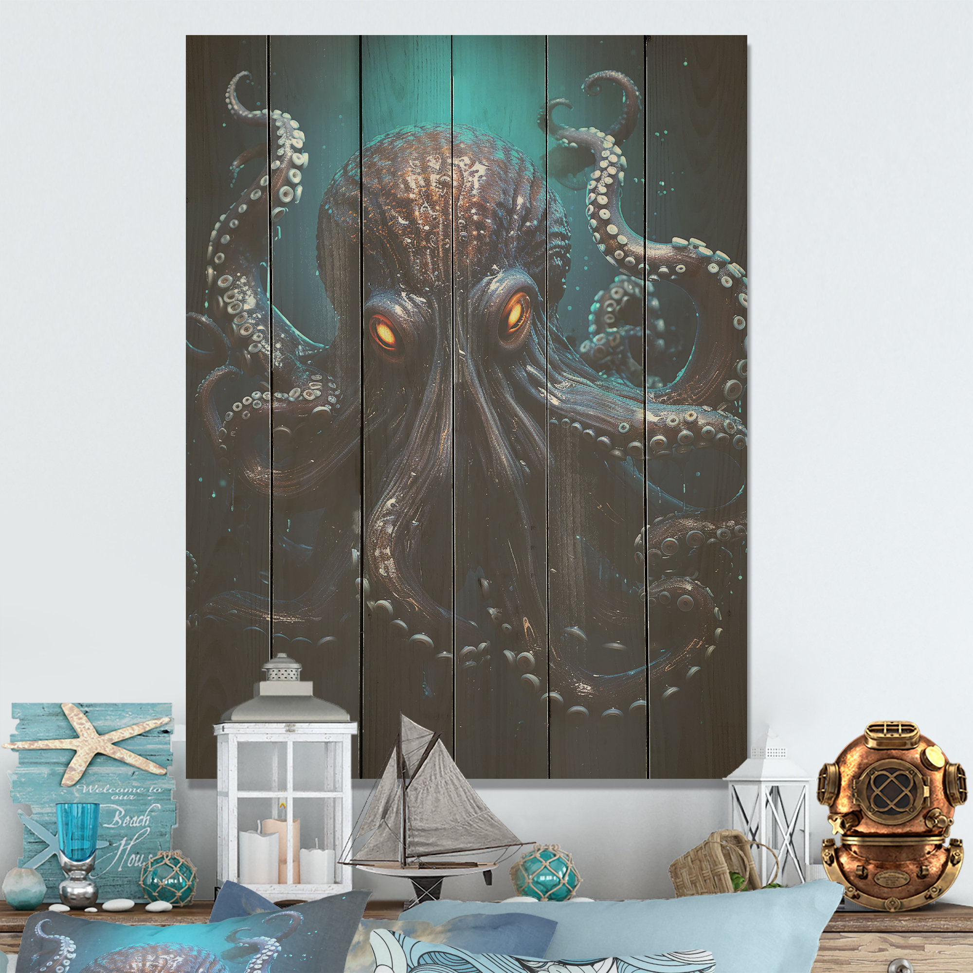 Beachcrest Home™ Superheros Octopus Warrior I - Octopus/Squid Wood Art ...