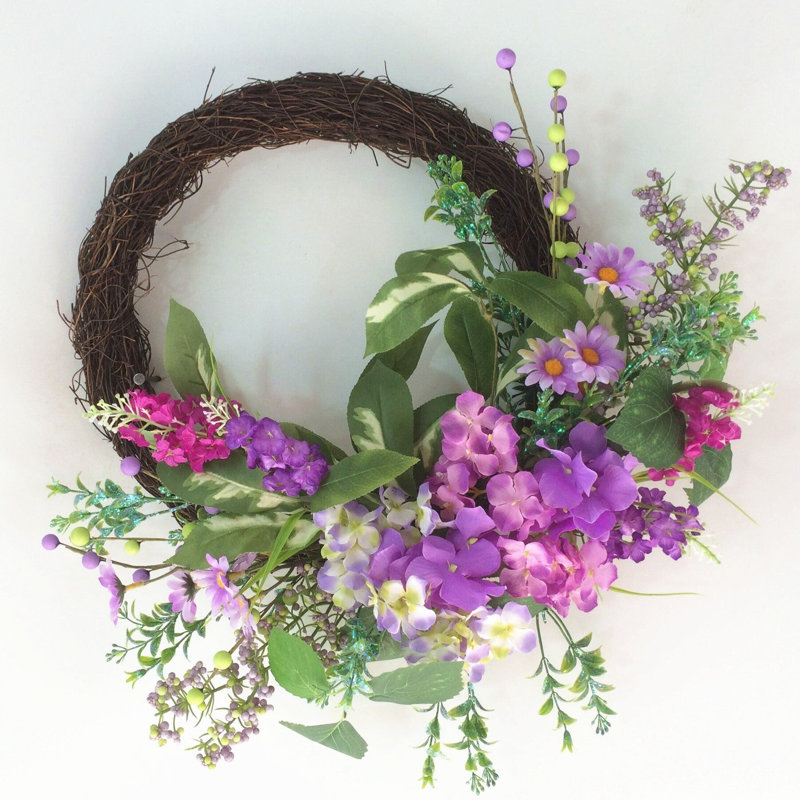 Primrue Purple Summer Florals On Wicker Wreath | Wayfair