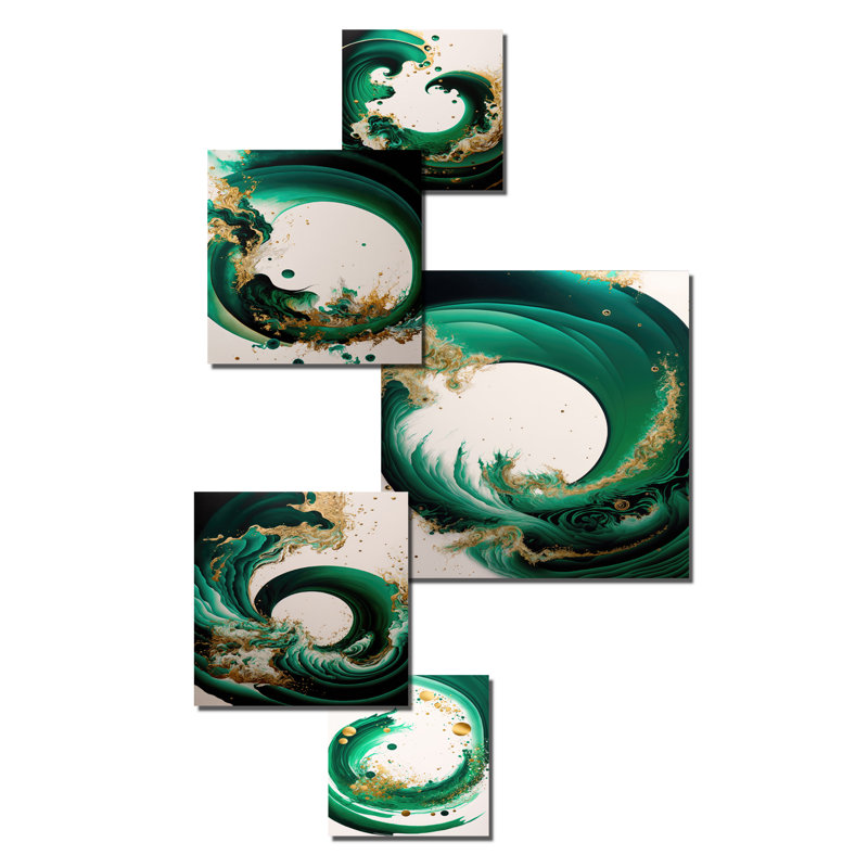 Orren Ellis Emerald Green And Gold Abstract Waves I 5 Pieces | Wayfair