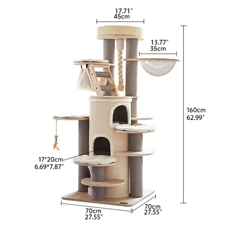KZLAA 63'' H Large Solid Wood Cat Tree Multi-Level Tall Cat Tower Cat ...