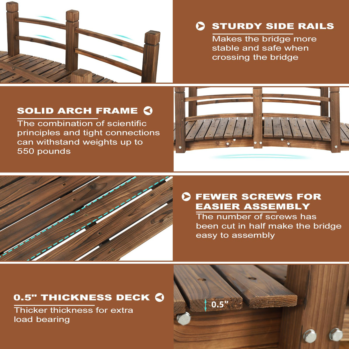 HOMEDIARY Fir Wood Garden Bridge, Outdoor Arc Footbridge Walkway With ...