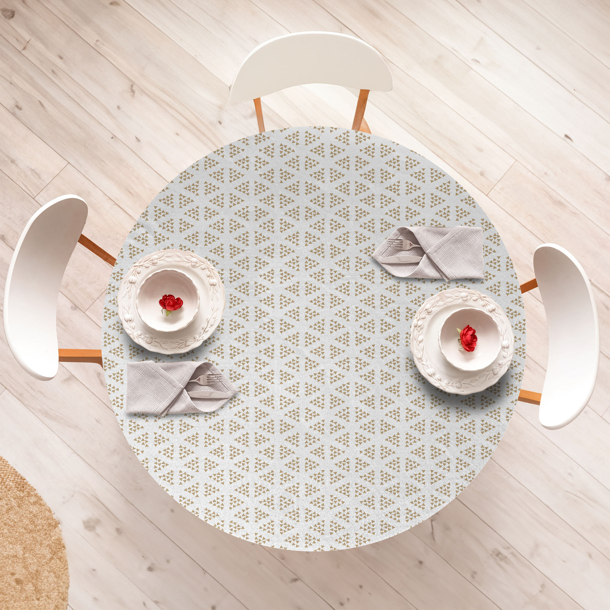 Ebern Designs Art Deco Fitted Round Tablecloth Dark Sand Brown White ...