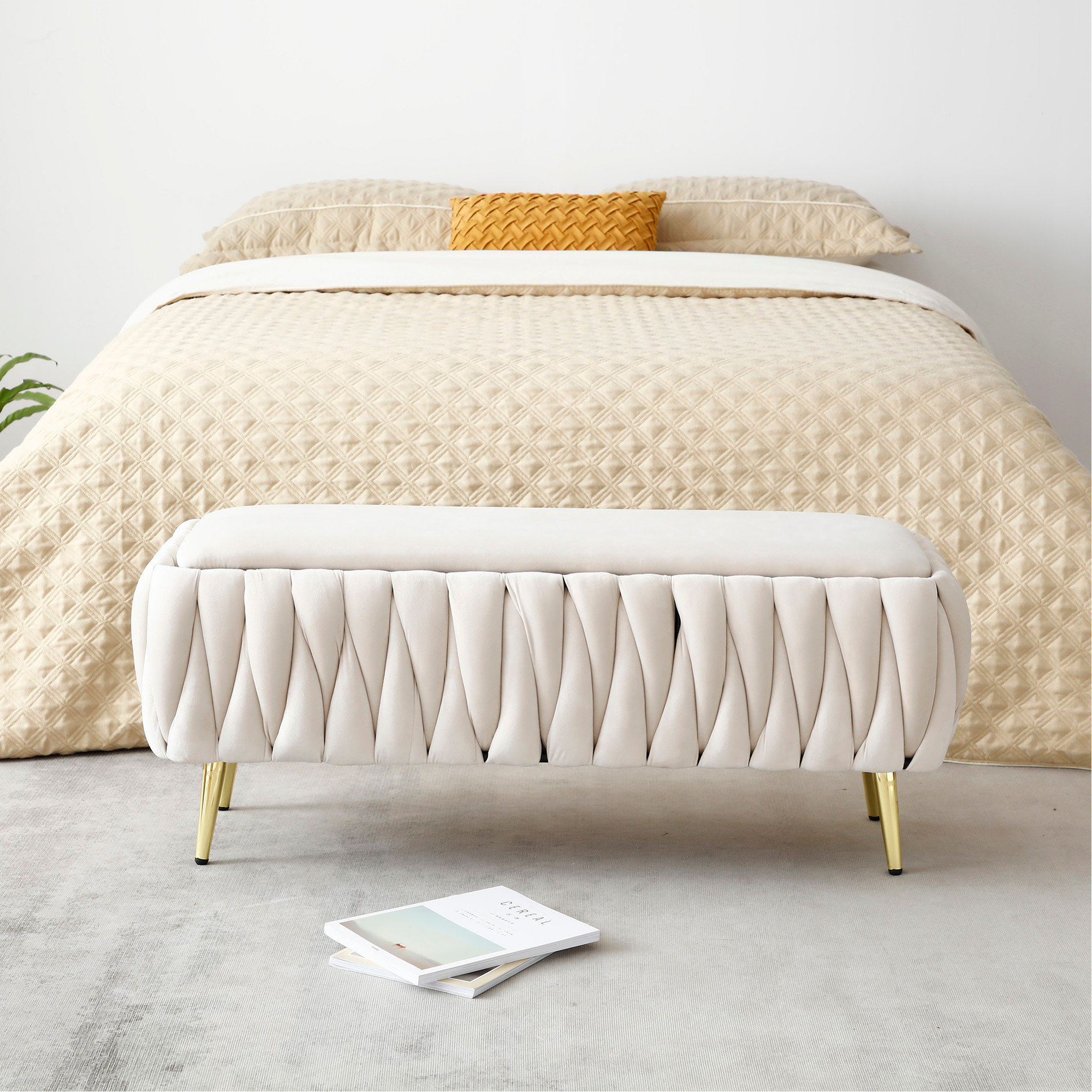 House of Hampton Oval Storage Bench With Gold Legs,Velvet Fabric ...