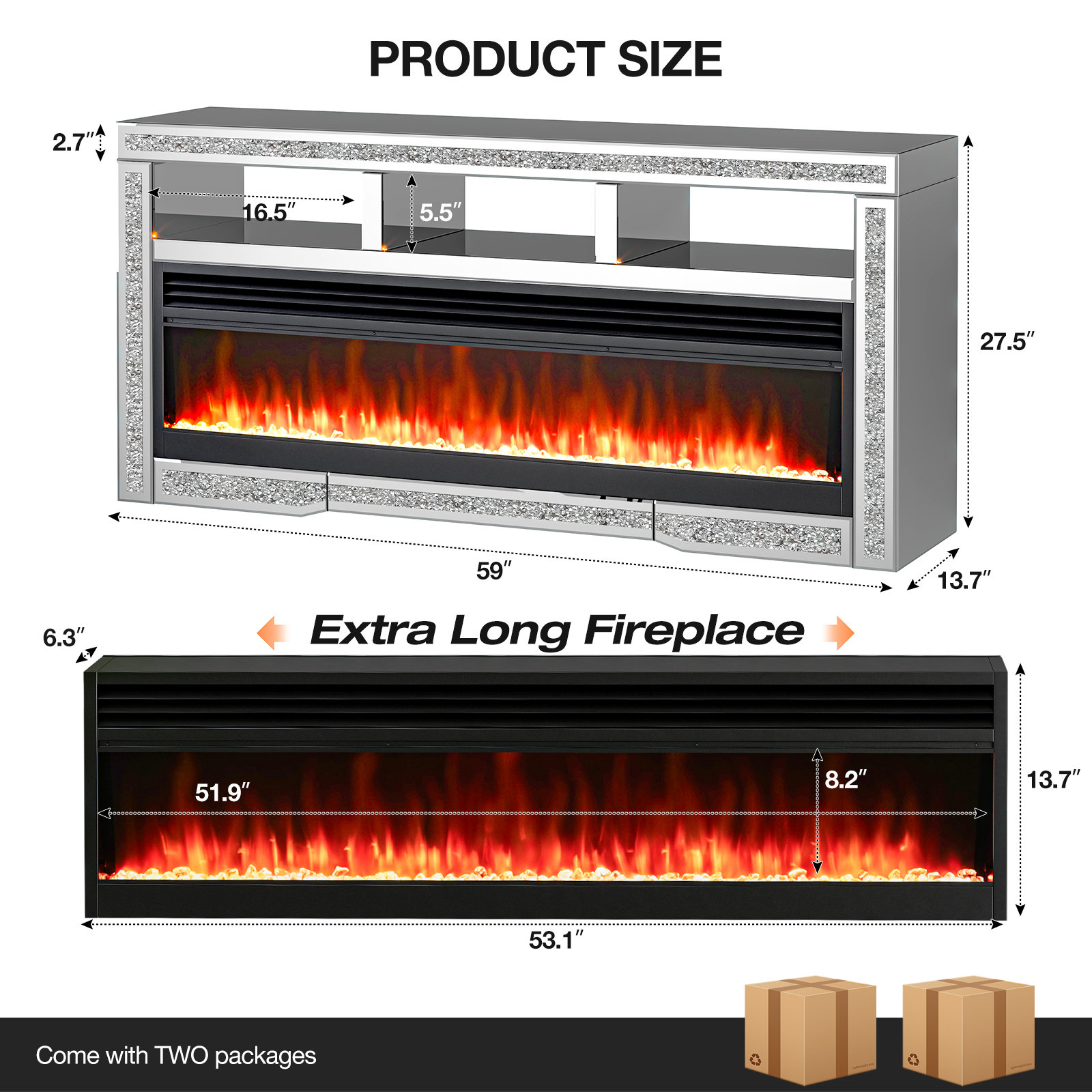 Everly Quinn Mirrored Fireplace Tv Stand For 65+ Inch Tv, Silver Tv ...