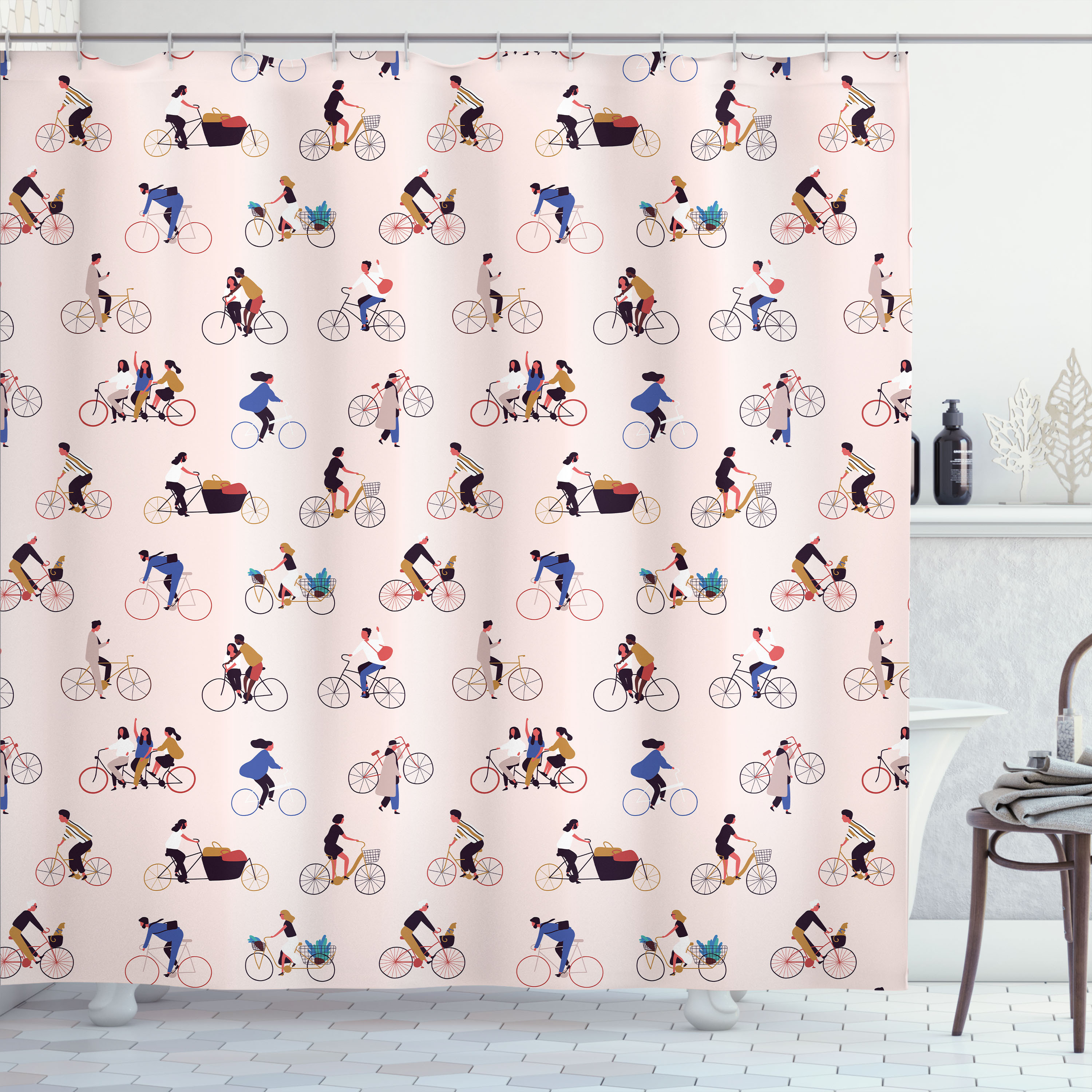 Dakota Fields Bicycle Shower Curtain Men and Women on Bikes Art Pale ...