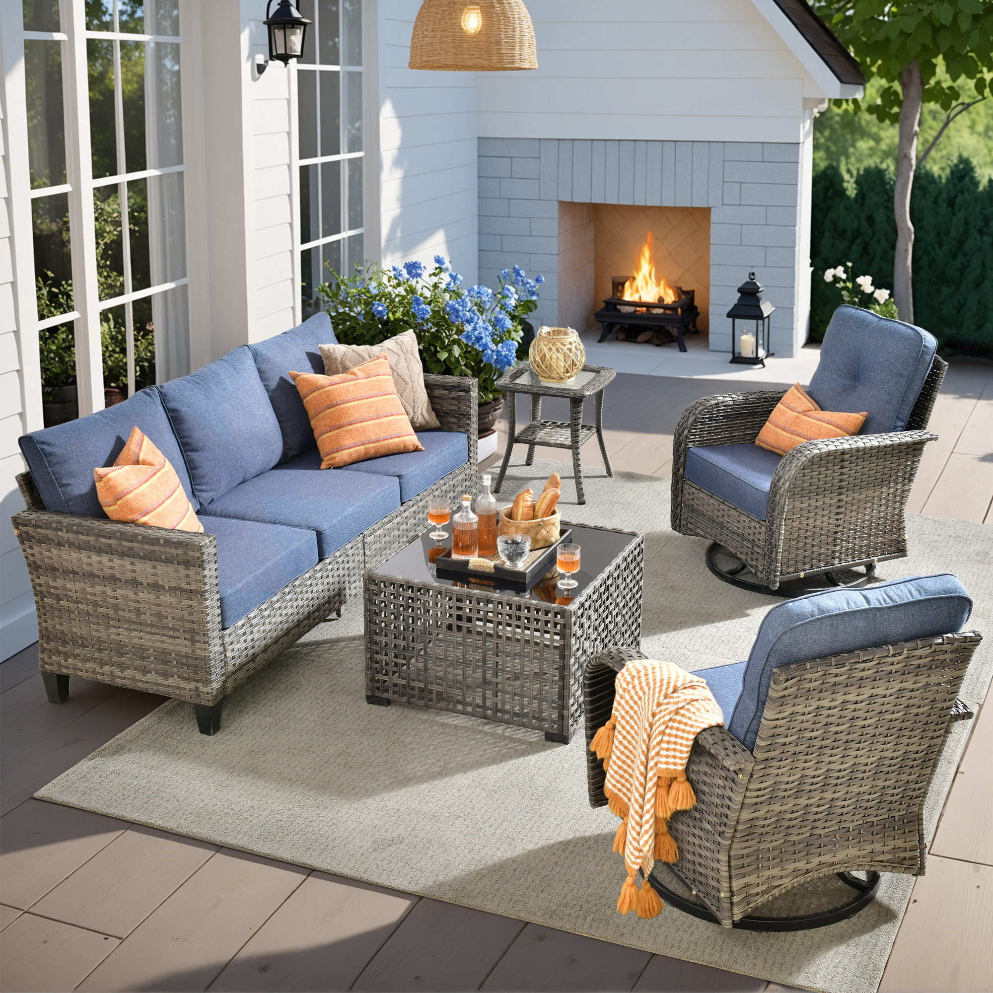 Lark Manor™ 5 Piece Outdoor Wicker Swivel Rocking Chairs With Solar ...