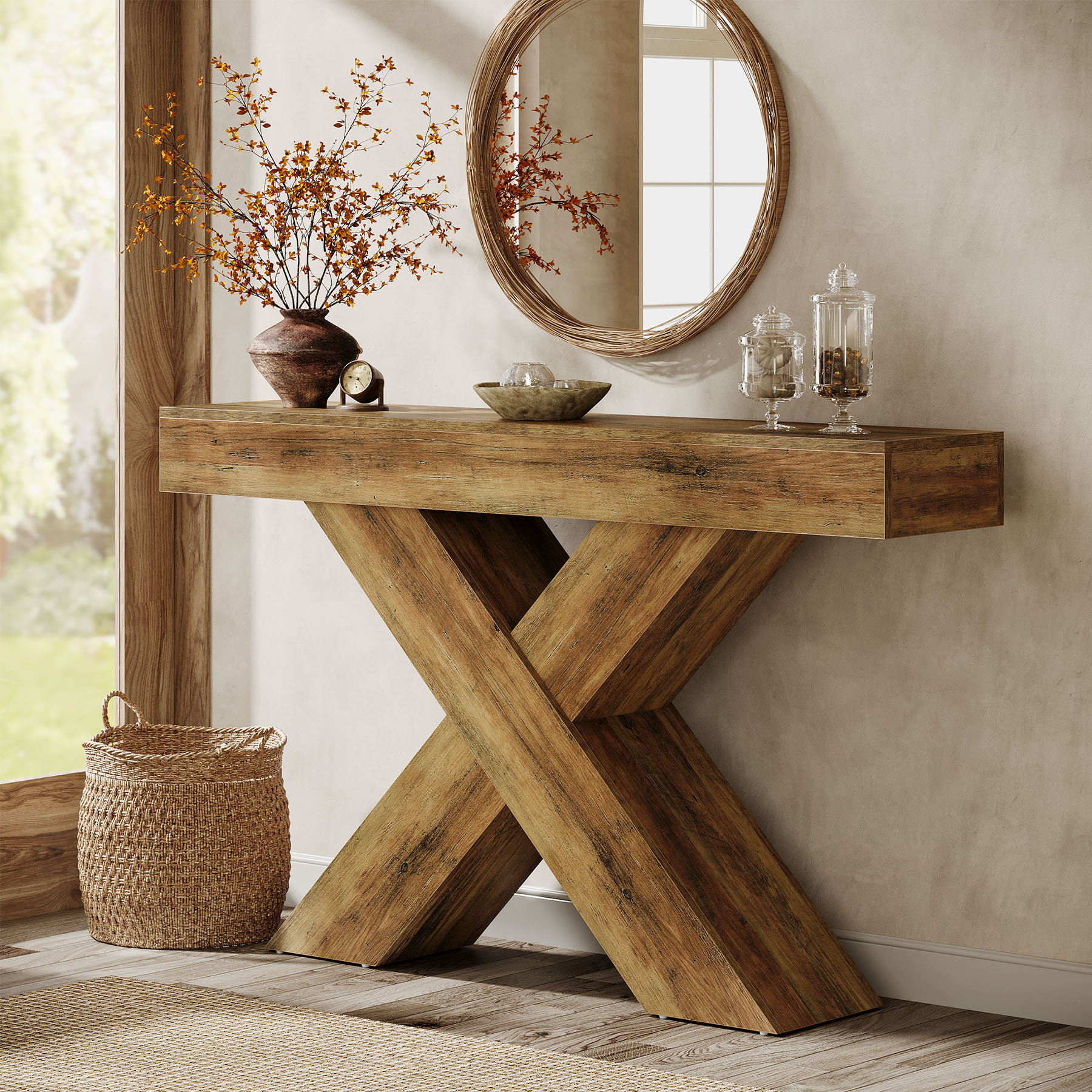 Millwood Pines Farmhouse 55" Console Table, Wood Entryway Table with X ...