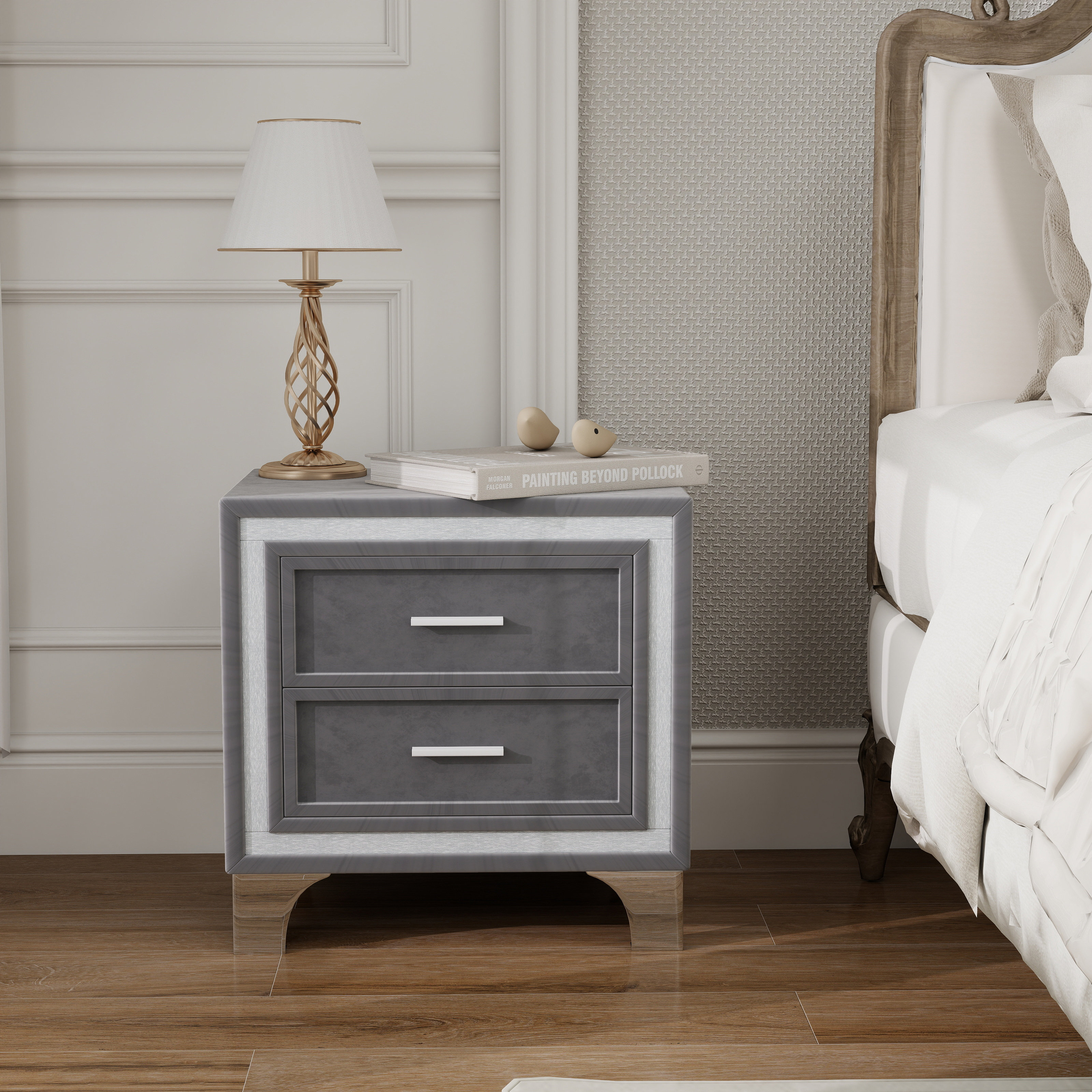 Mercer41 Modern Velvet Nightstand With Silver Glitter Strip Decor And ...