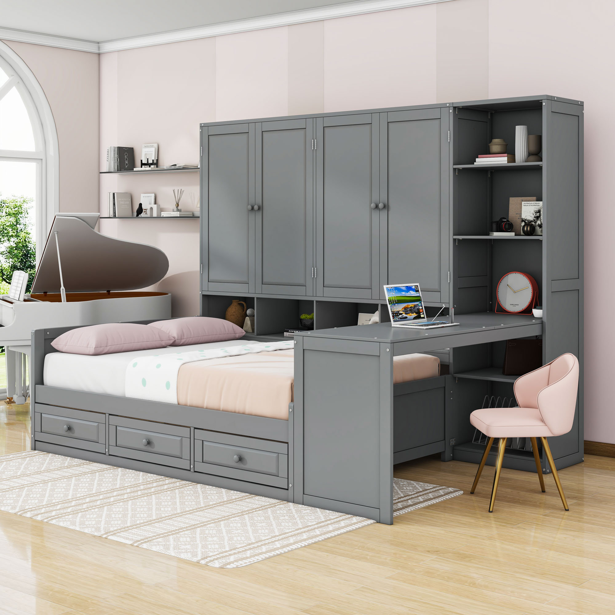 Hokku Designs Wooden Daybed With Three Drawers, Shelves and Desk | Wayfair