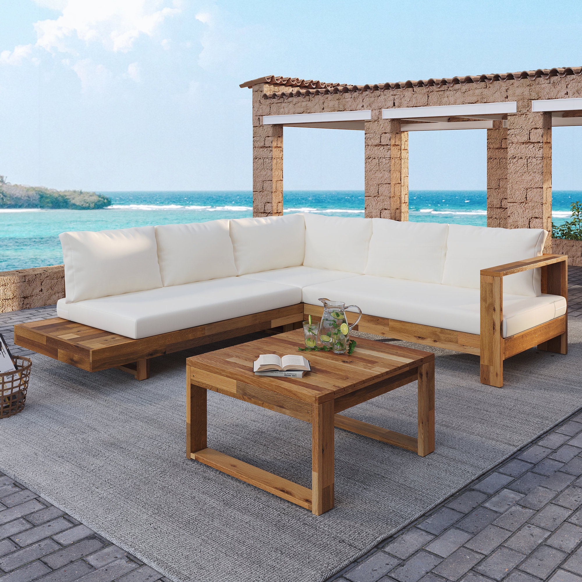 Latitude Run® 4-piece Acacia Wood Outdoor Sectional Patio Sofa Set ...