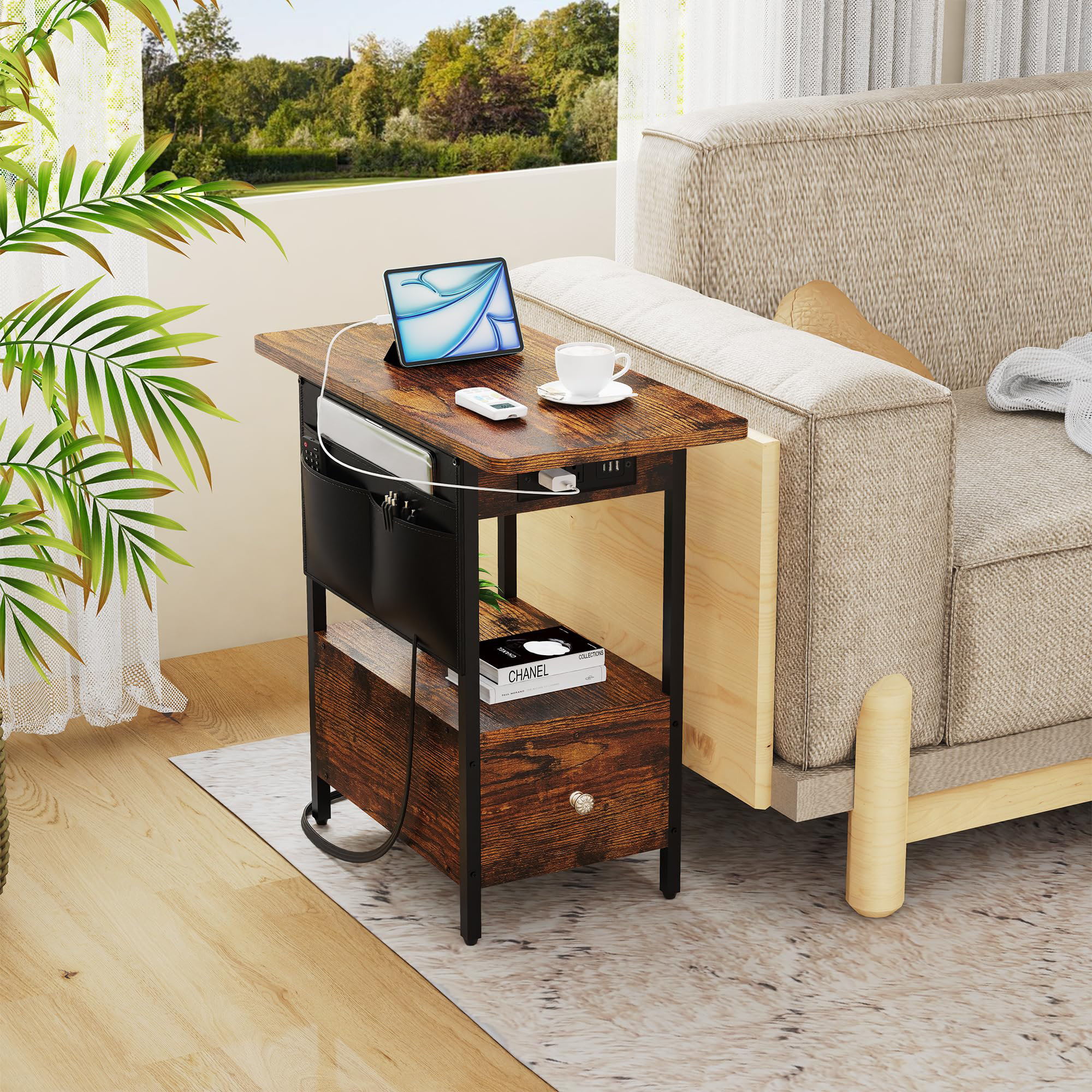 17 Stories Small Side Table With Charging Station, Narrow Nightstand ...