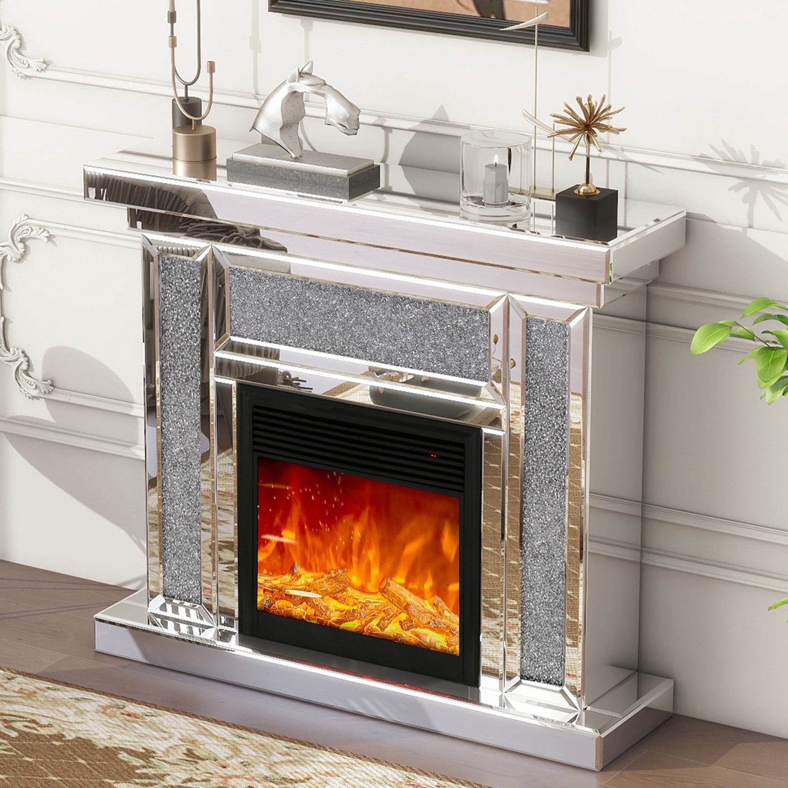 Mercer41 Bideford Electric Mirrored Fireplace Mantel With Freestanding ...