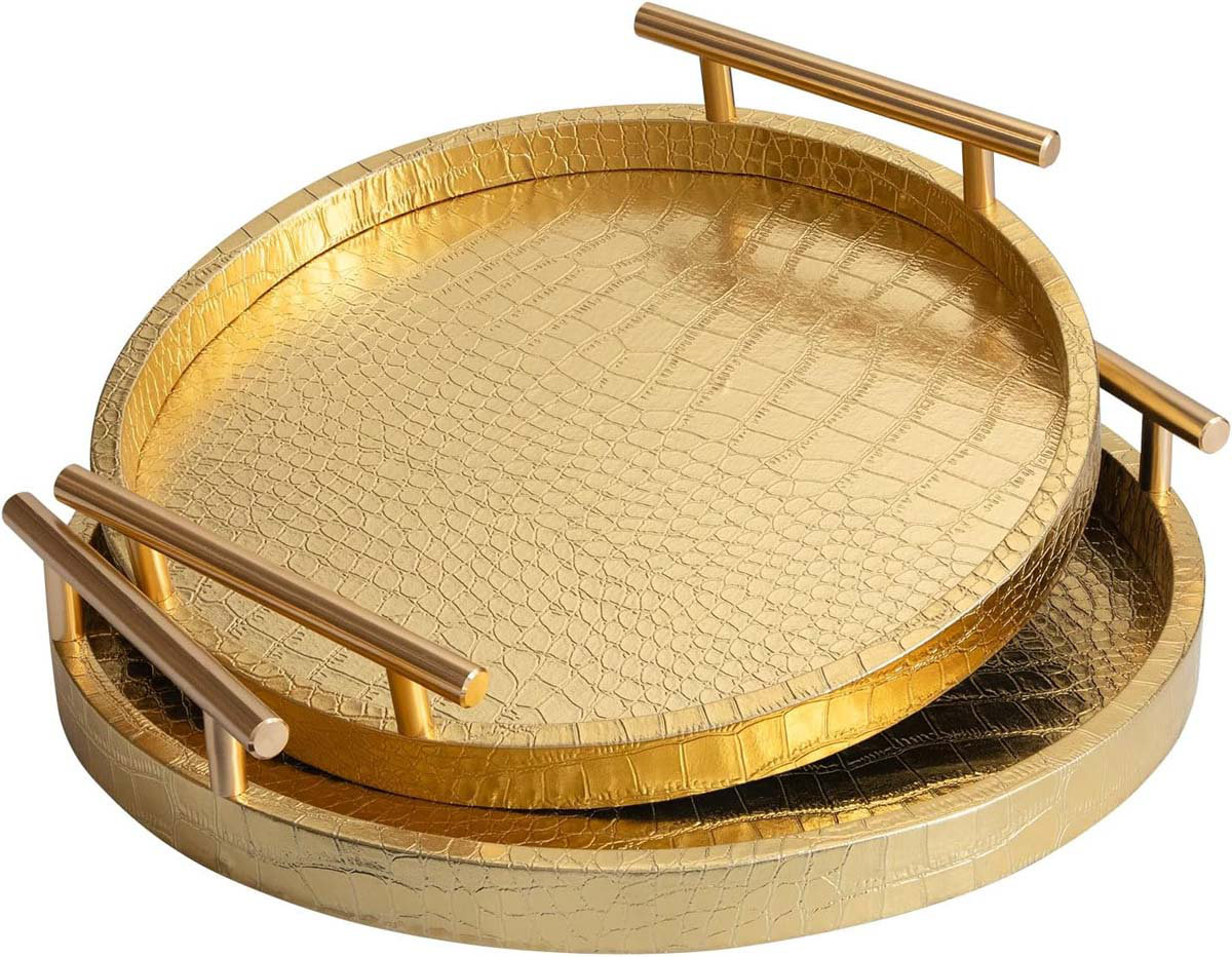 Mercer41 Modern Decorative Tray Set Of 2, Wooden Round Crocodile ...