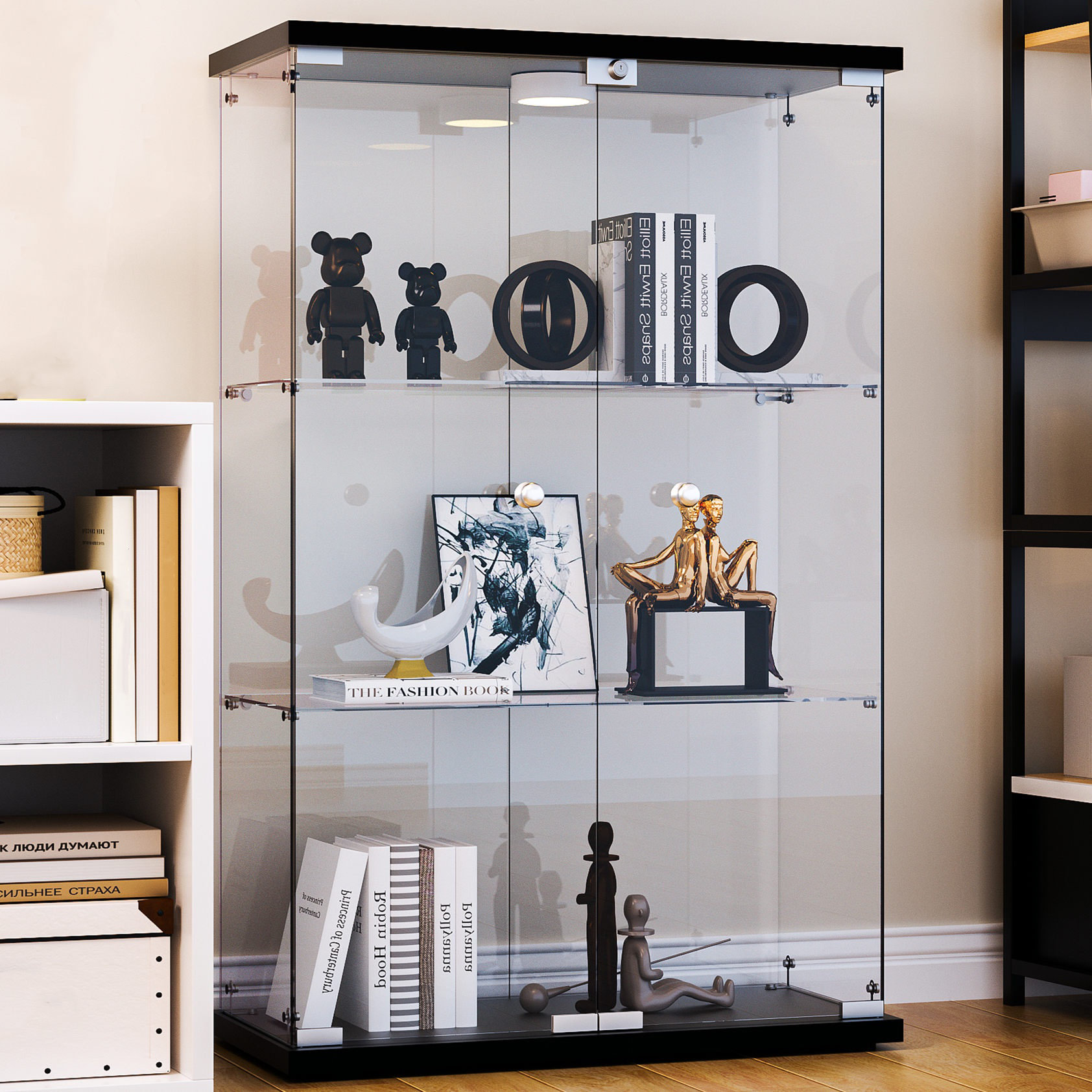 Hokku Designs Mykaya Tempered Glass Display Cabinet with LED Light, 3 ...