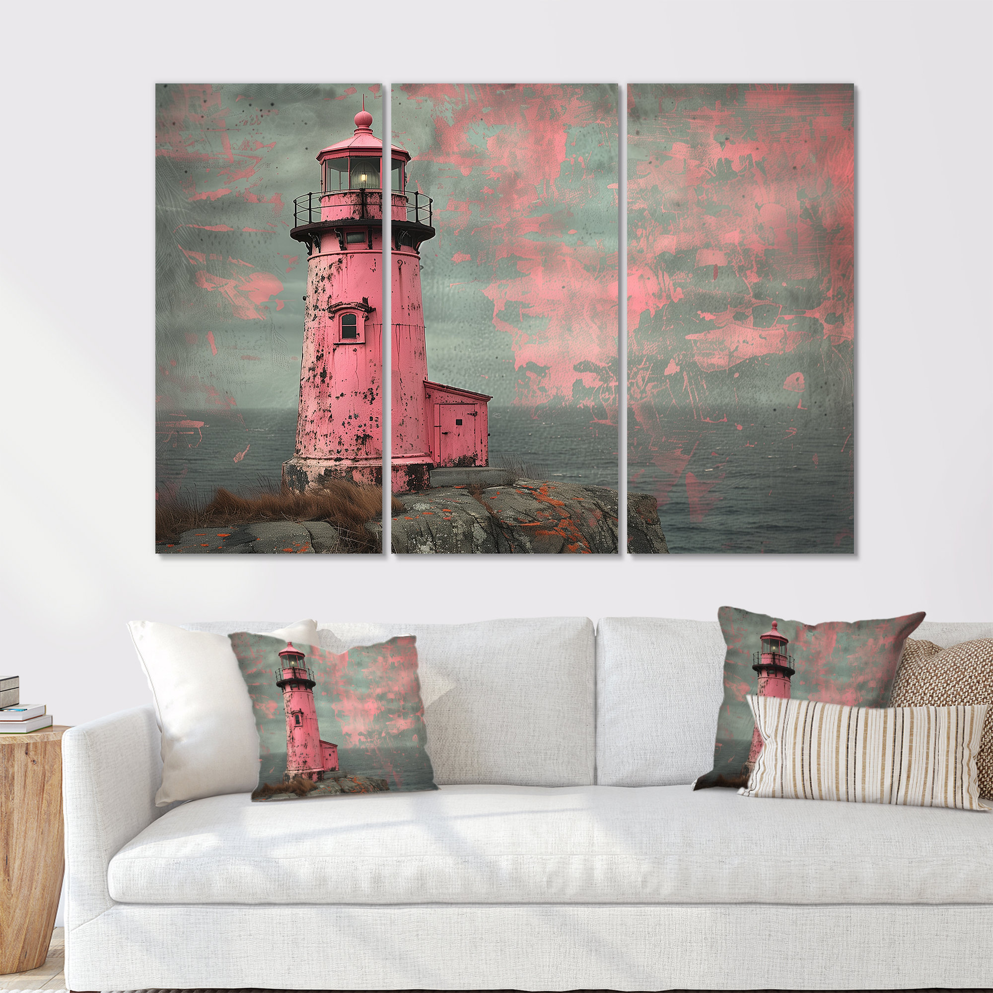 Design Art Pink Grey Vintage Lighthouse Cliff - Lighthouses Wall Art ...