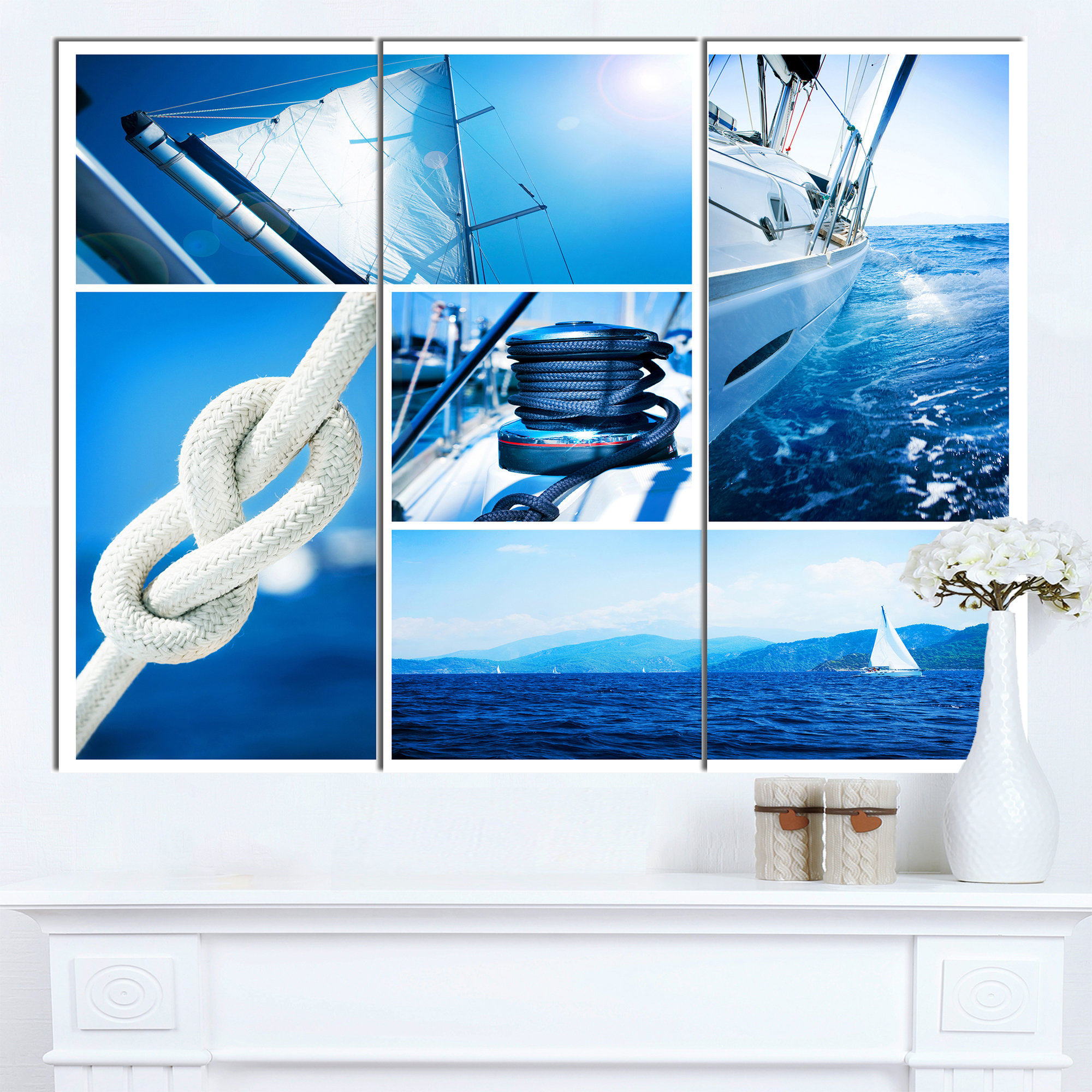 Design Art 'Sailing Yacht in Blue Sea Collage' 3 Piece Photographic ...