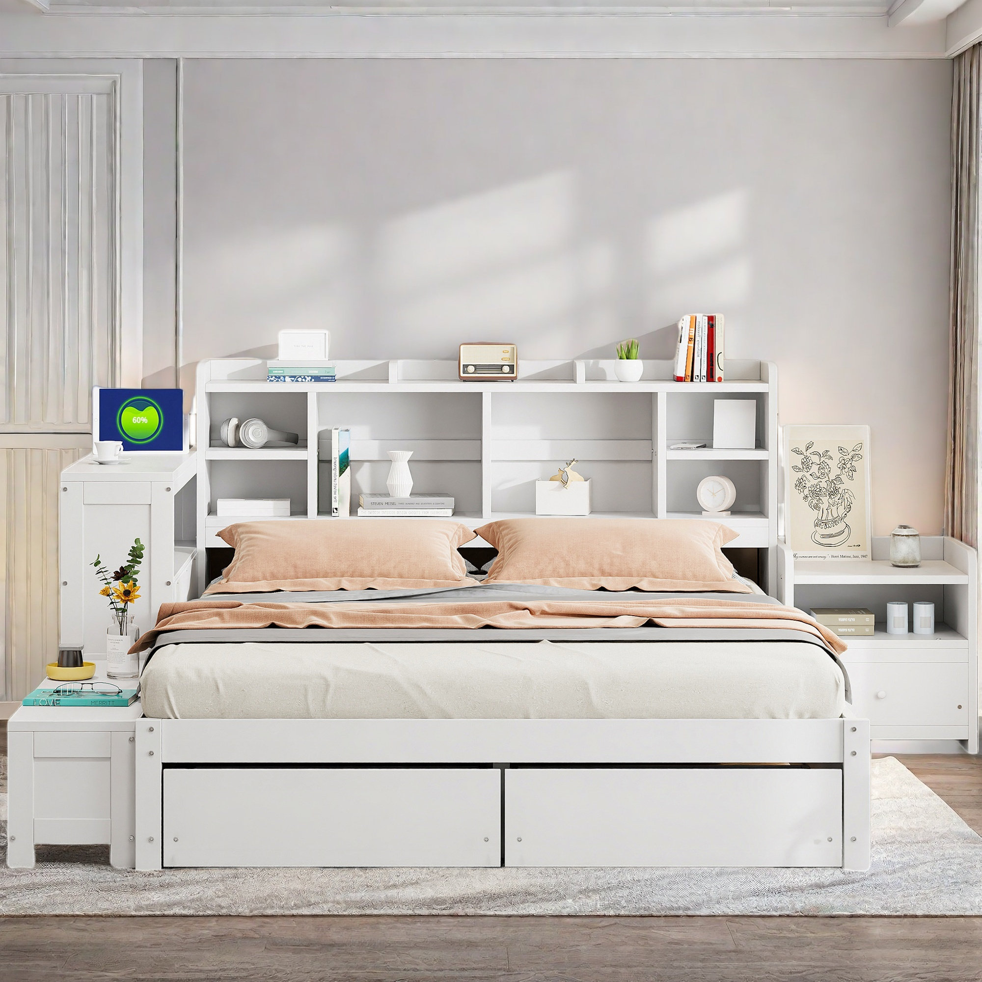 Winston Porter Wooden Platform Bed With Storage Headboard, 1 Nightstand, 1 Desk With Usb Ports ...