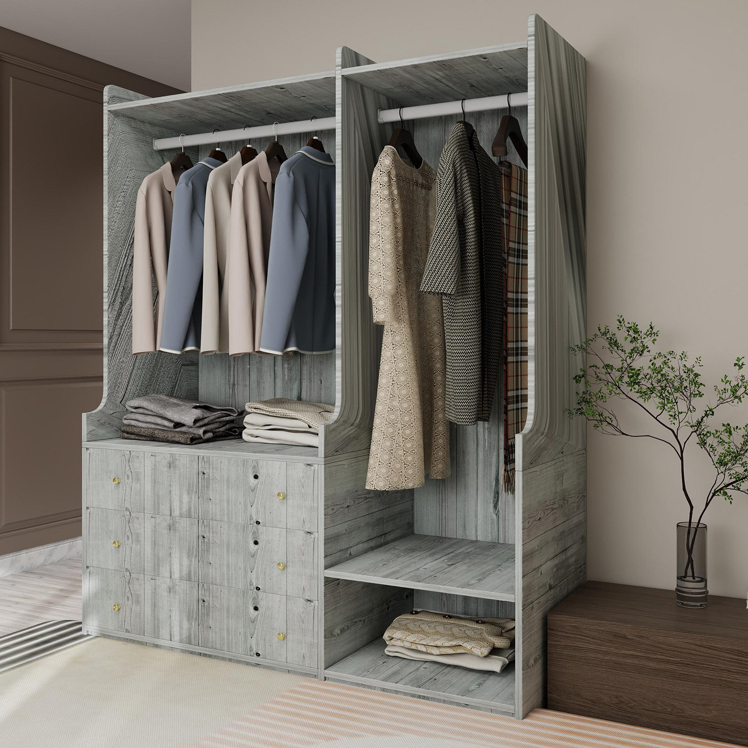 Red Barrel Studio® Grey Open Wooden Wardrobe In Bedroom | Wayfair