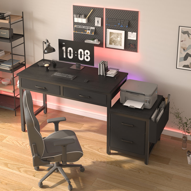 Ebern Designs Black Home Office Desk With File Drawers Cabinet | Wayfair