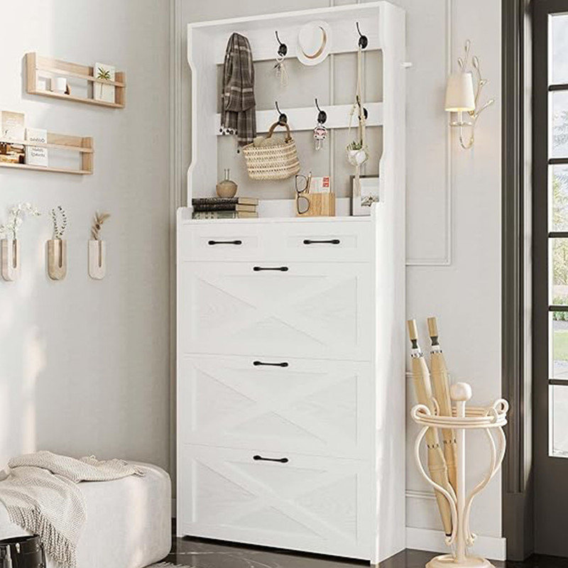 Hokku Designs White Tall Shoe Cabinet Storage with 3 Flip Drawers and ...