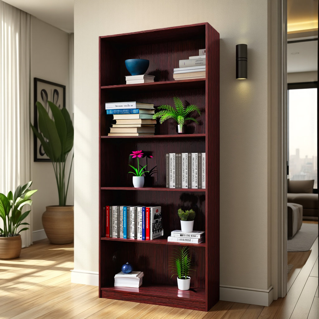 Latitude Run® Modern Mahogany Five-Shelf Bookcase with Floating Shelves ...