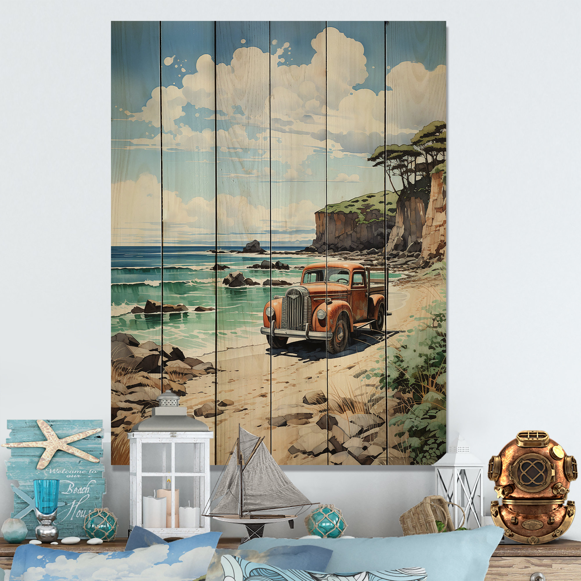 Dovecove Coral Pickup Truck Coastal Retreat On Wood Print | Wayfair