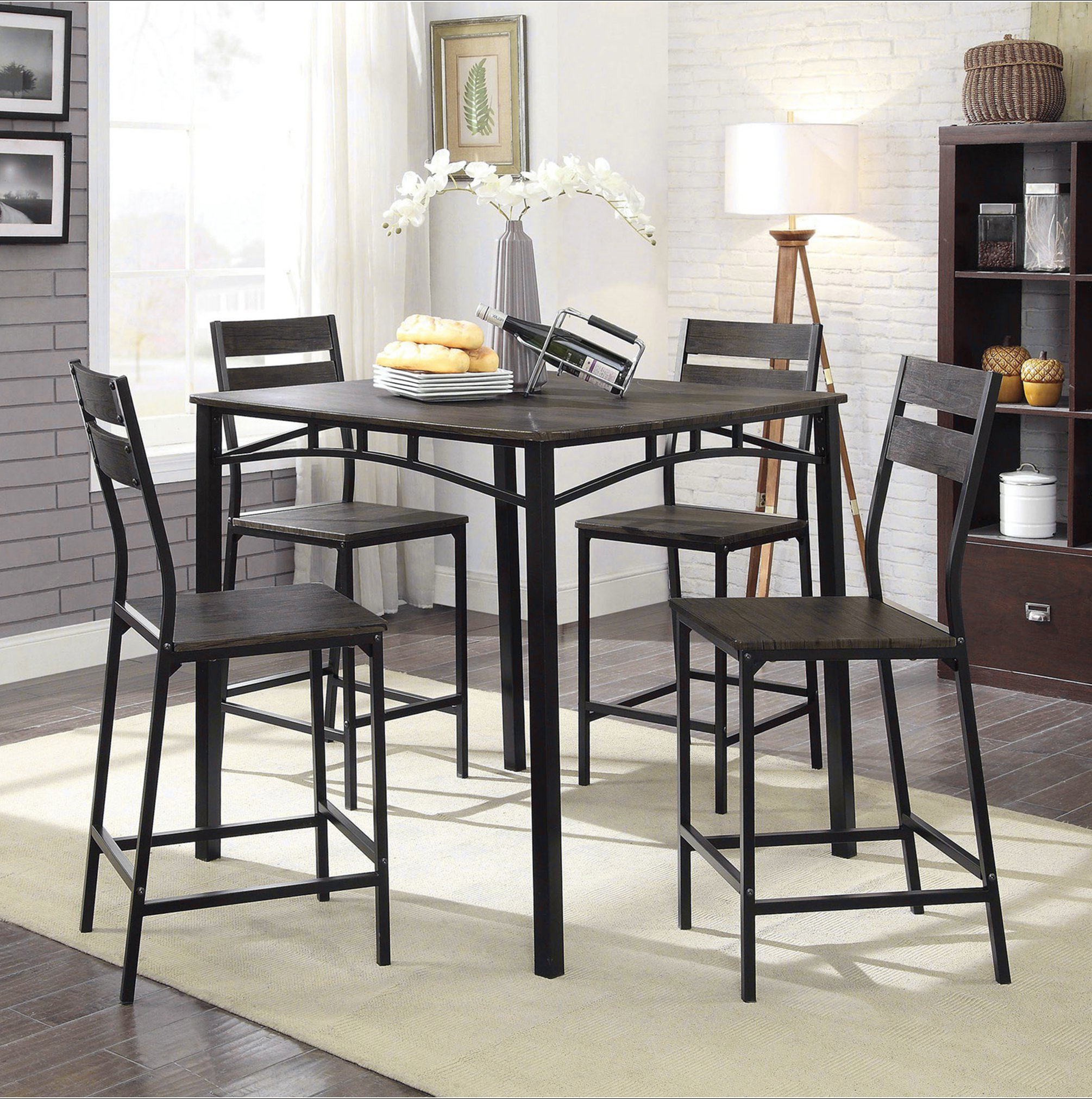 17 Stories Black Metal Frame Counter Height Dining 5pc Set Wooden Set ...