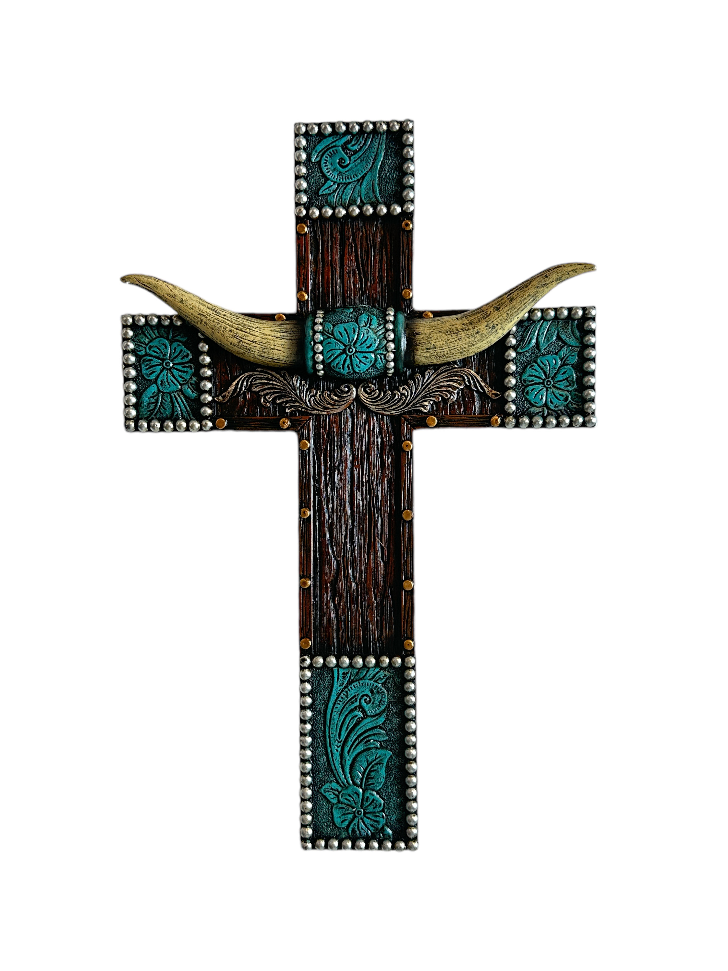 Bungalow Rose Polyresin Western Bull Horns Turquoise Tooled Floral ...