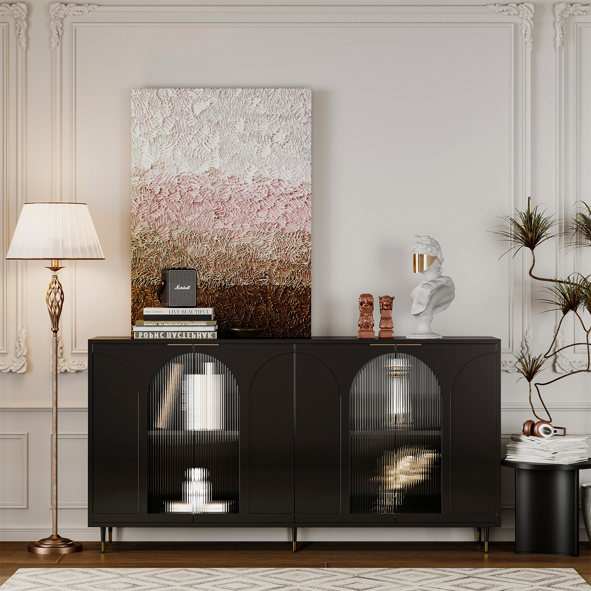 Latitude Run® Accent Cabinet Lacquered Wooden Cabinet With 4 Glass Doors Sideboard Buffet Server ...