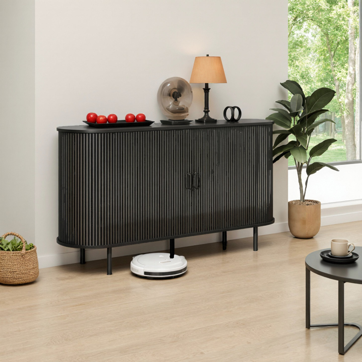 Ebern Designs This Modern Walnut-Colored Sideboard Features Sliding ...