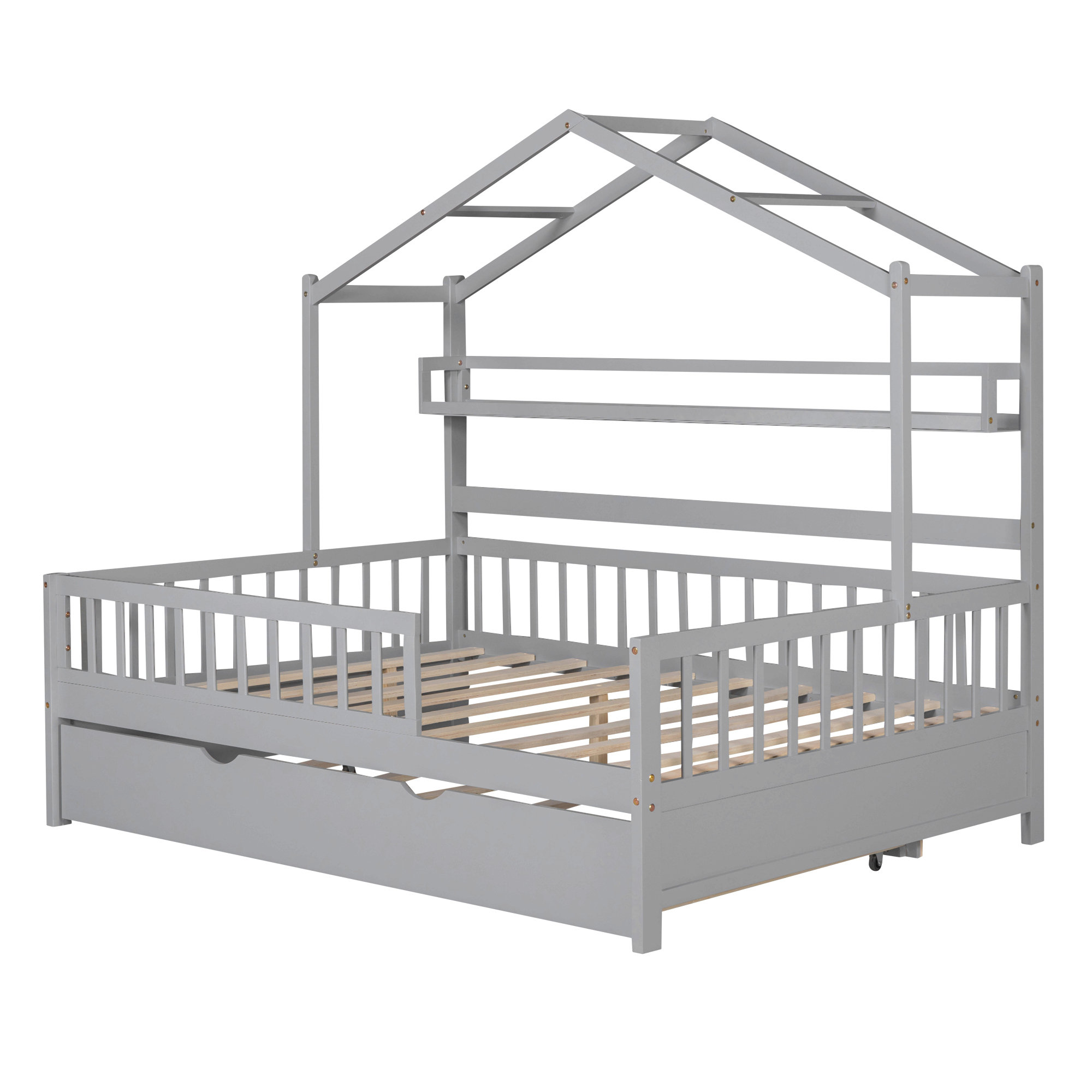 Latitude Run® Wooden House Bed With Trundle,Kids Bed With Shelf | Wayfair