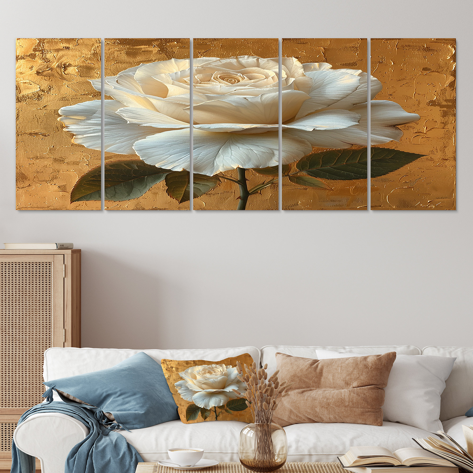 House of Hampton® Blossoming White Rose On Vintage Gold - Rose Wall Art ...