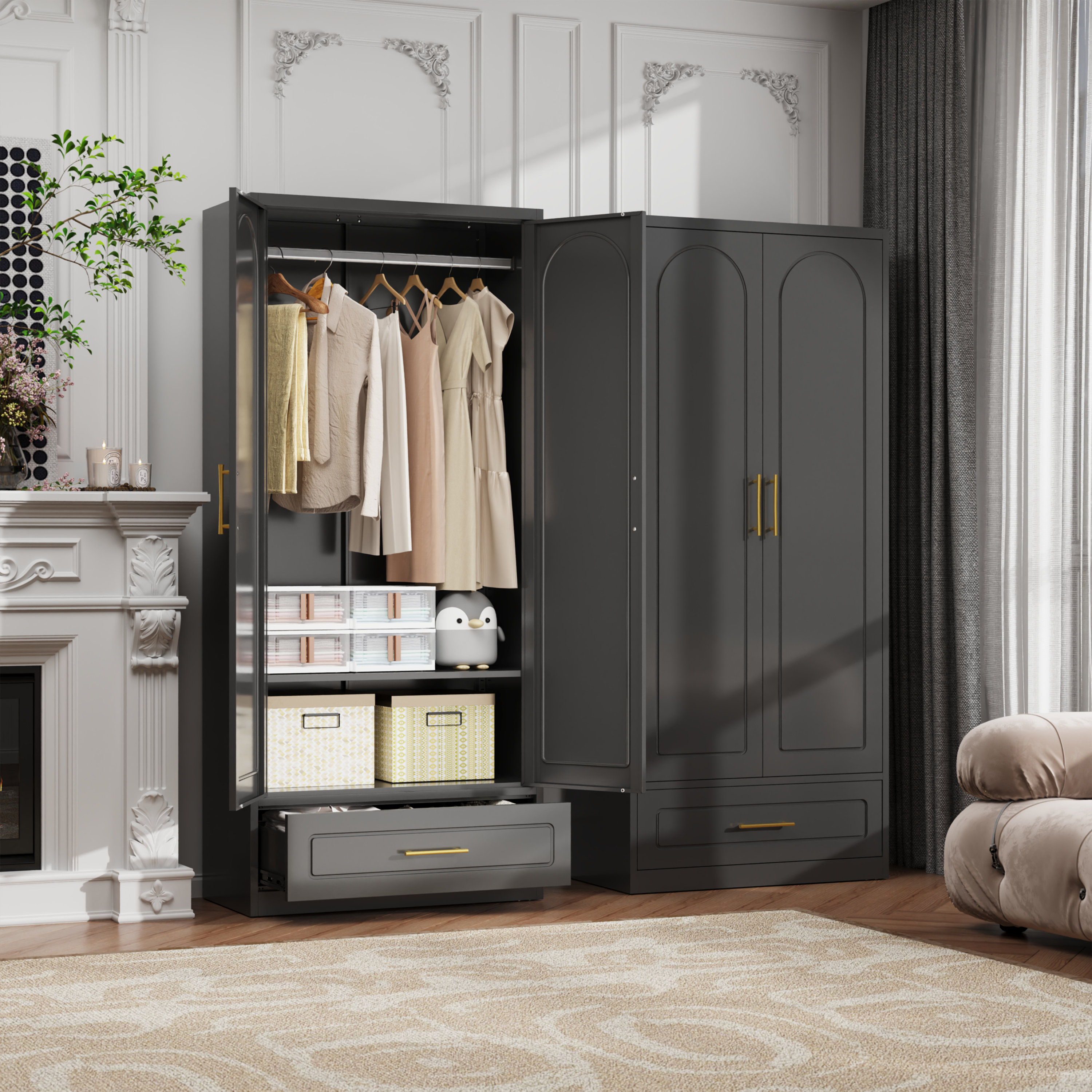 Latitude Run® Metal Armoire Wardrobe Closet with 2 Doors and Drawer ...