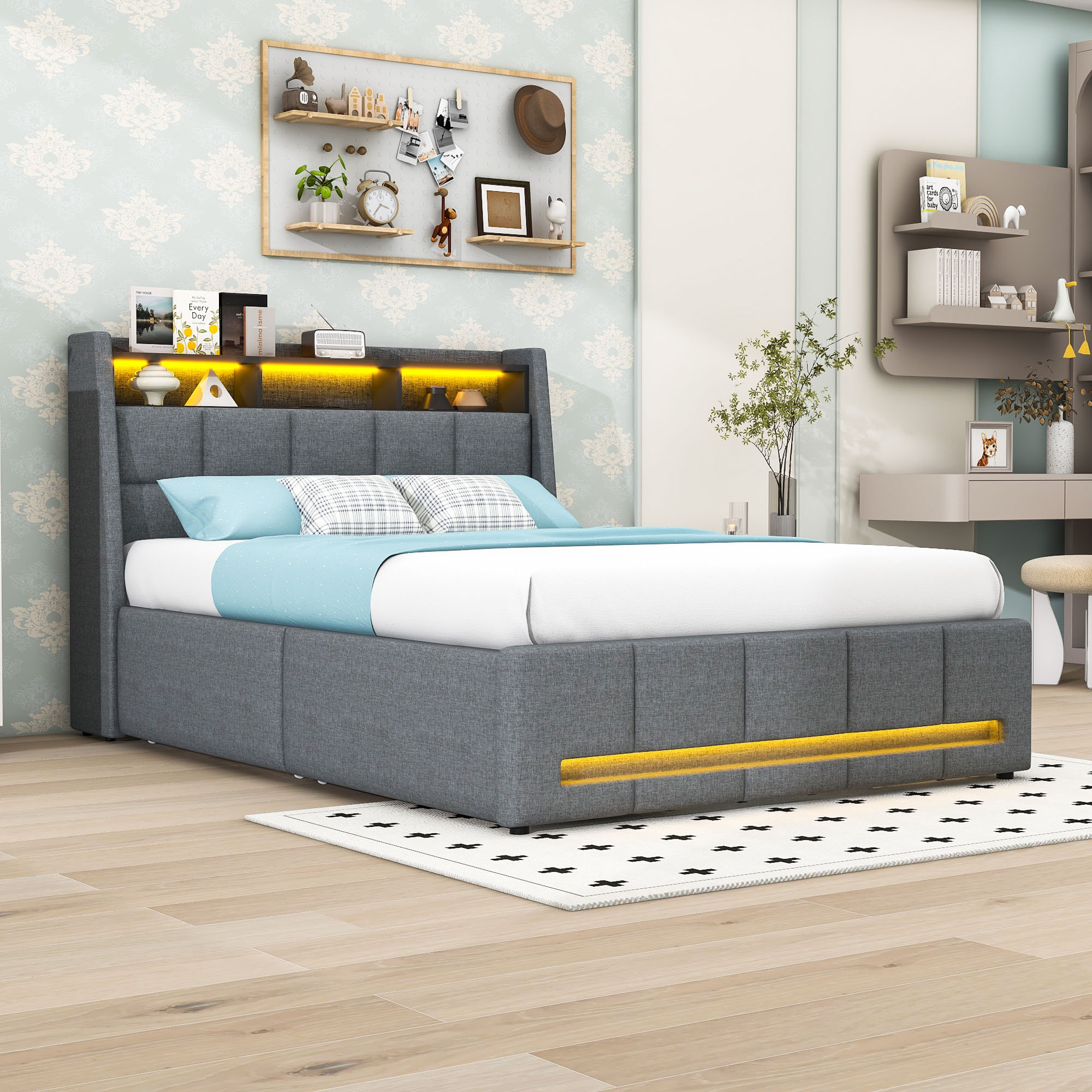 Ivy Bronx Shaughn Upholstered Platform Bed with LED Headboard, USB ...