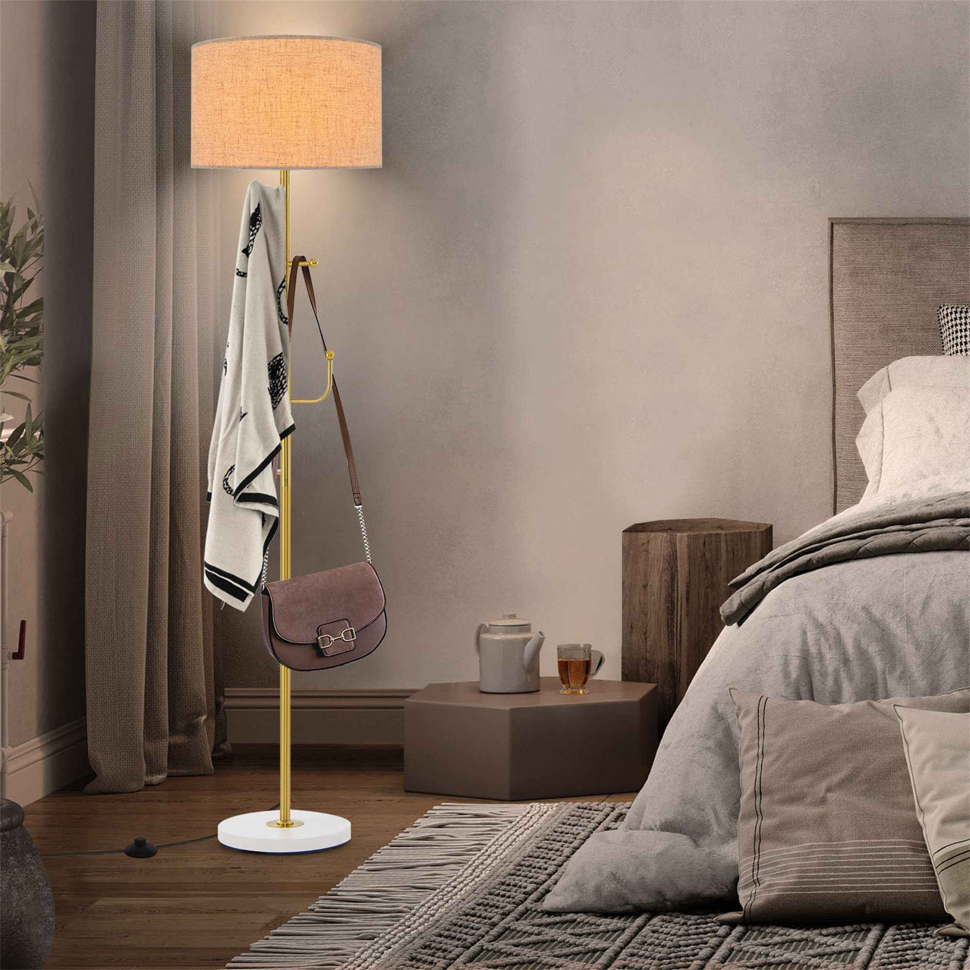 Fairmont Park Floor Lamp With Coat Rack, Linen Shade, 5 Hooks, E27 ...