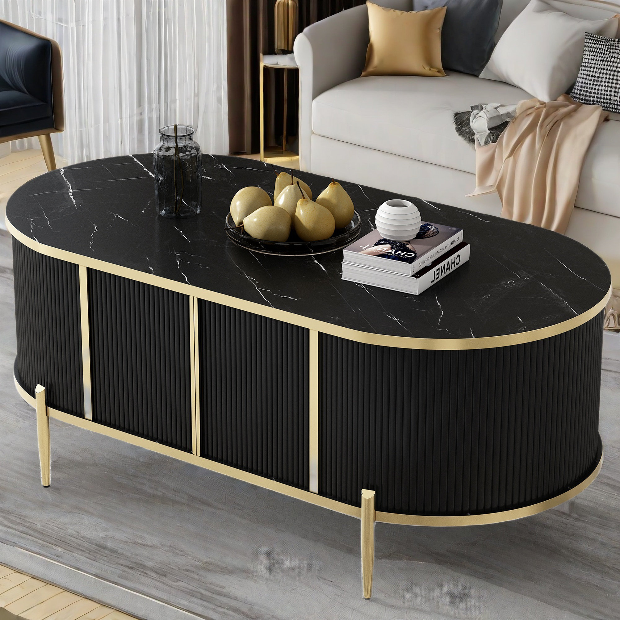 Mercer41 Minwei Modern Oval Coffee Table with Marble-patterned Top ...