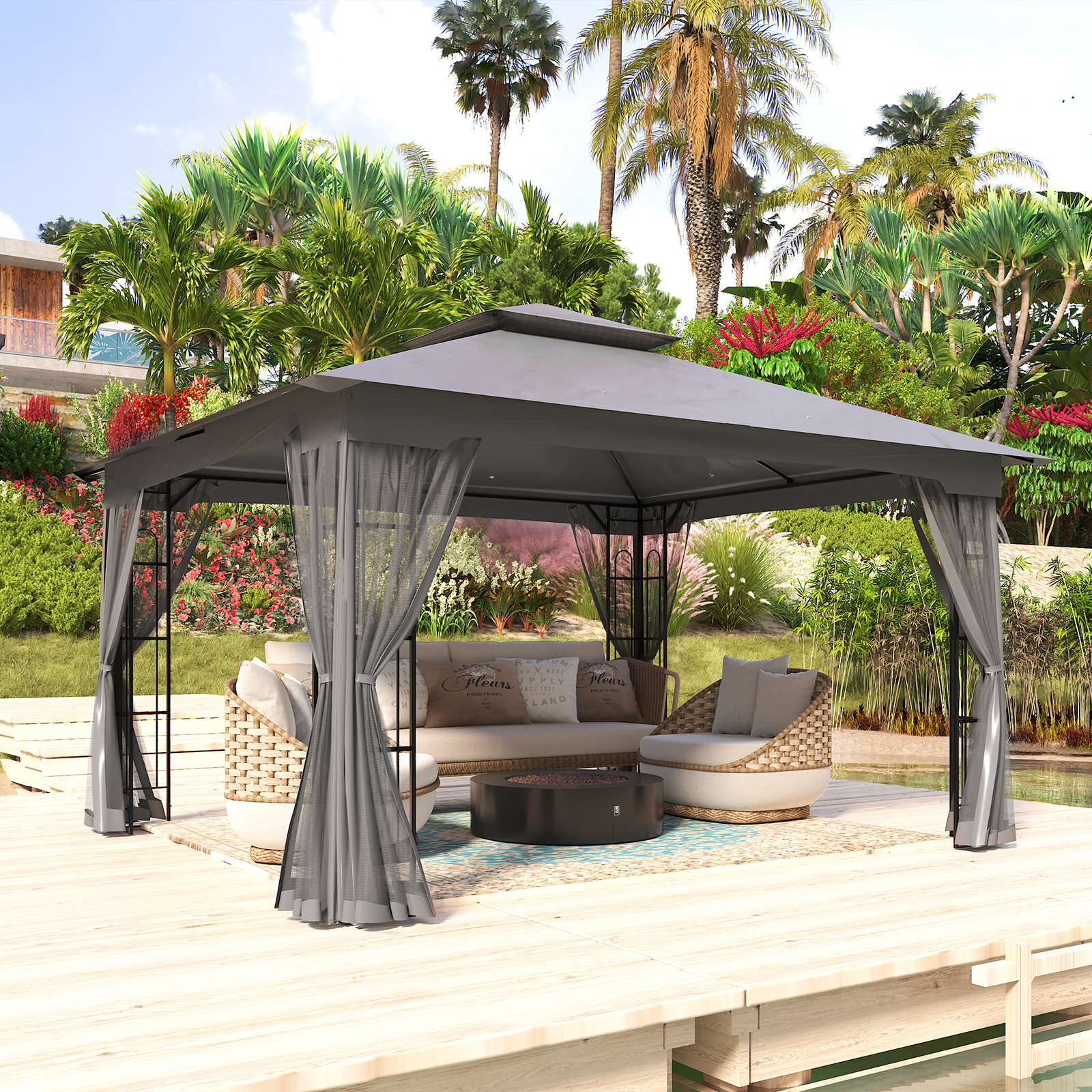 COOS BAY 13 Ft. W x 11 Ft. D Steel Patio Gazebo with Netting - Wayfair ...