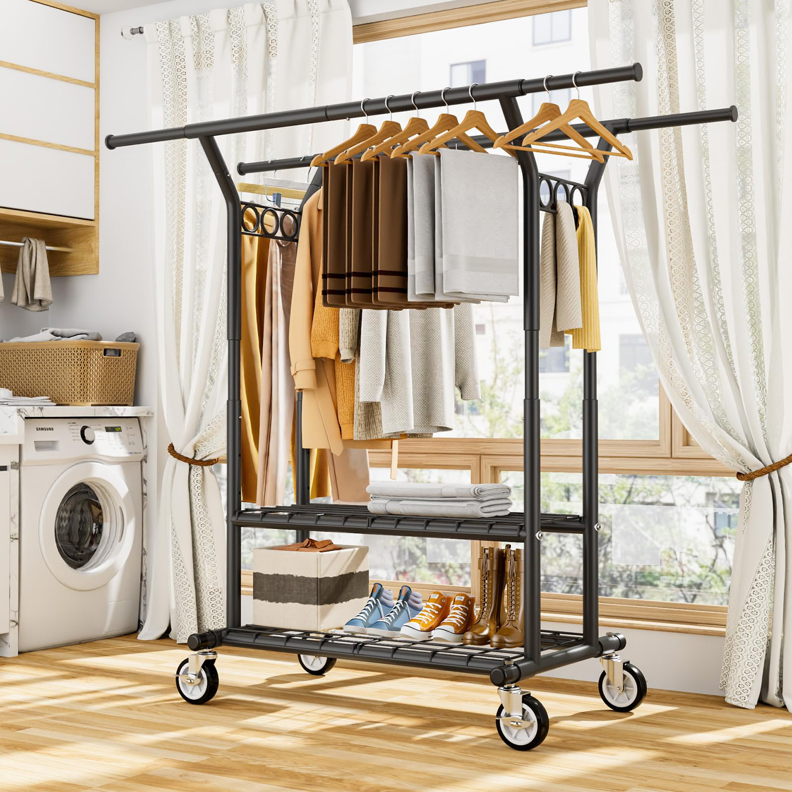 FEIYAN Heavy Duty Clothes Rack, Rolling Clothing Rack With Shelves Load ...