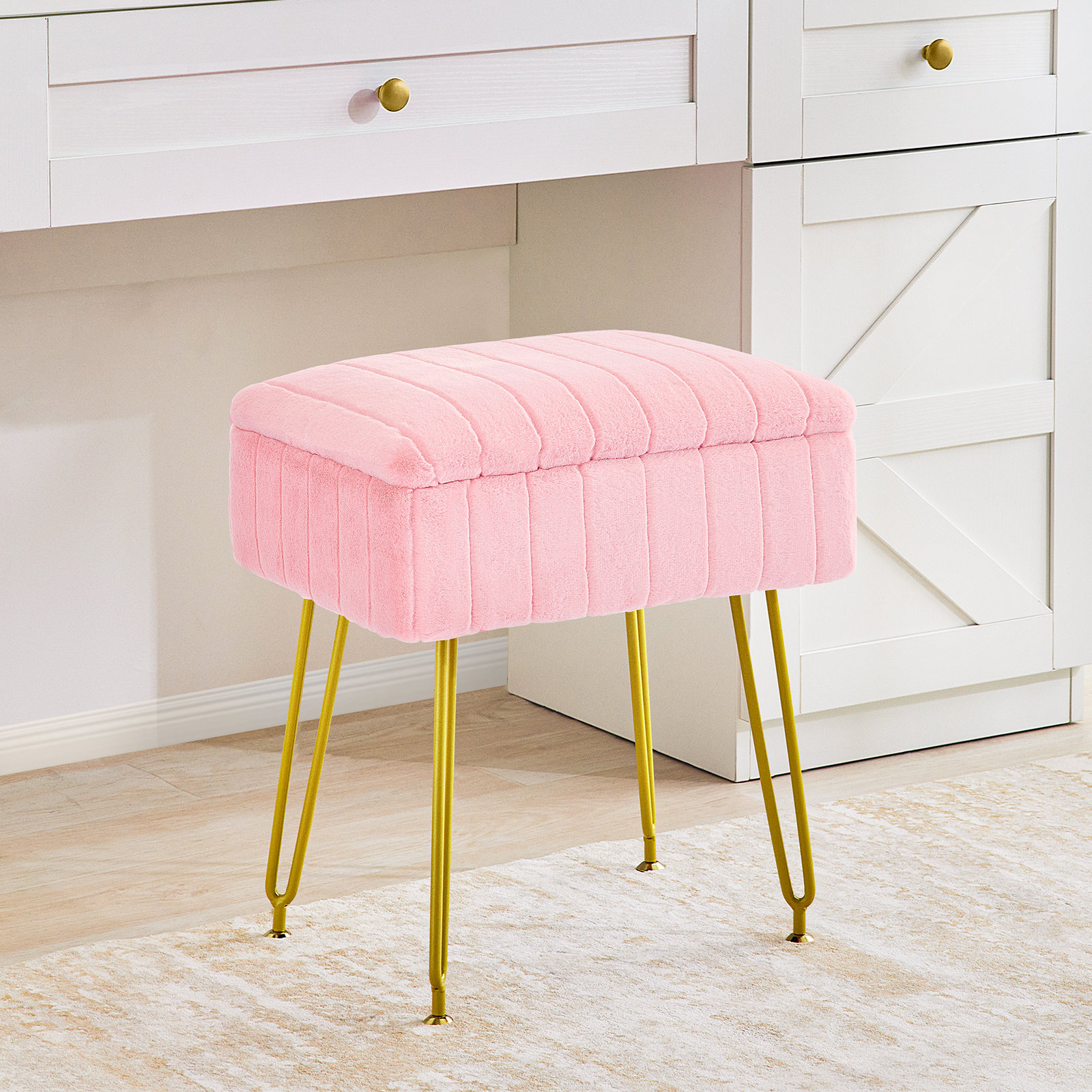 Mercer41 Redlife Faux Fur Vanity Stool with Storage Gold Metal Legs ...