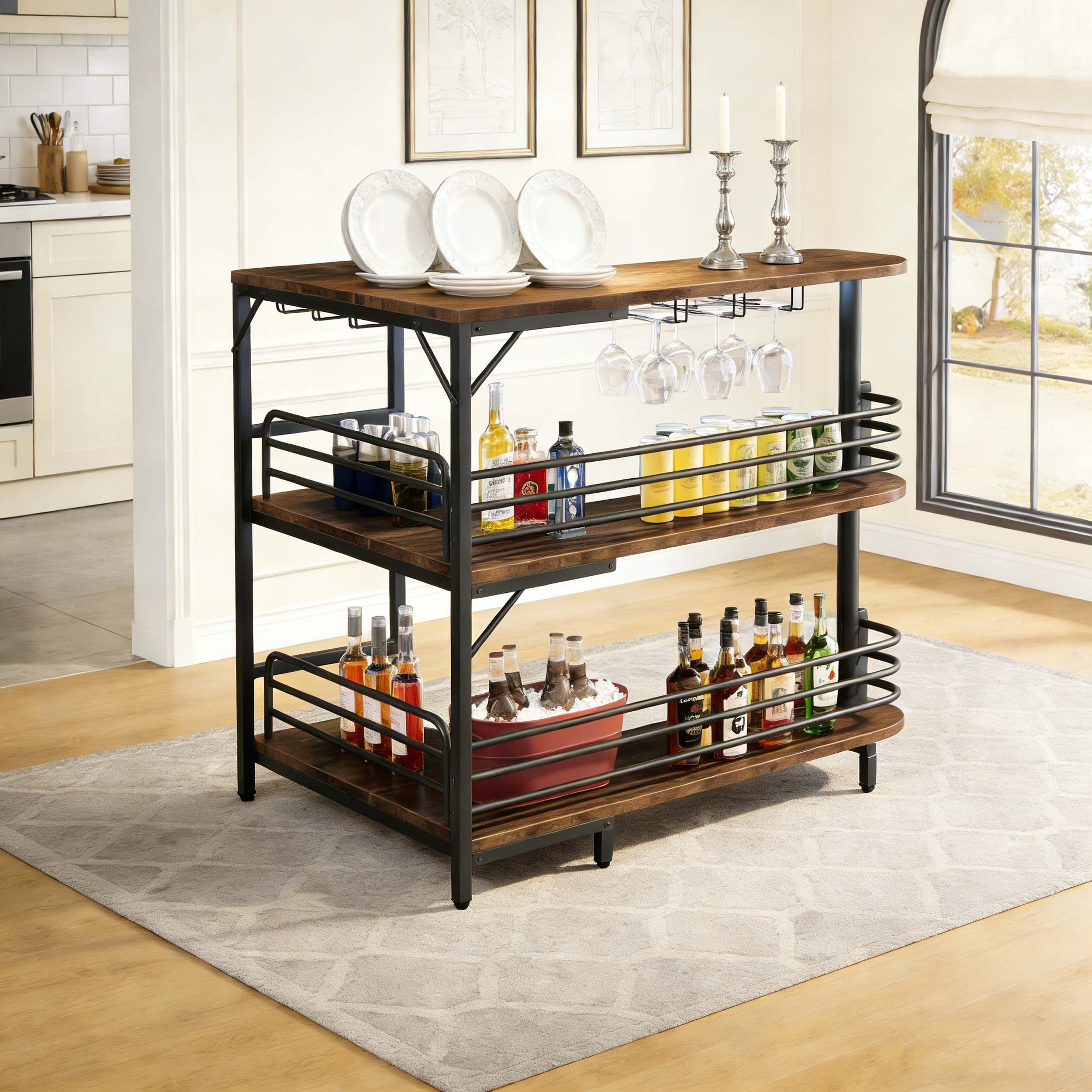 George Oliver L-Shaped Bar Unit Liquor Bar Table with 3-Tier Racks and ...