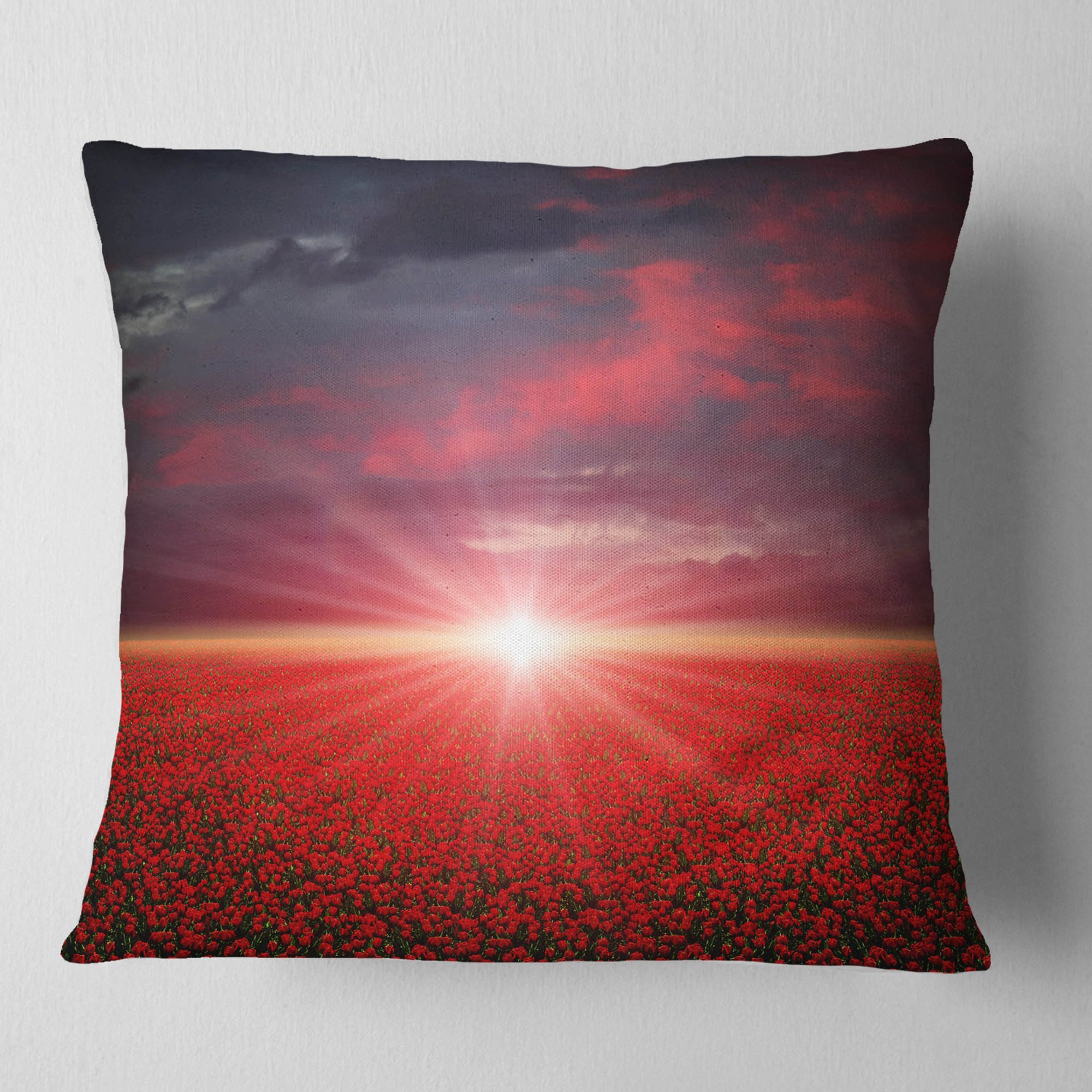 Design Art Red Poppies Field at Sunset Landscape Printed Pillow | Wayfair