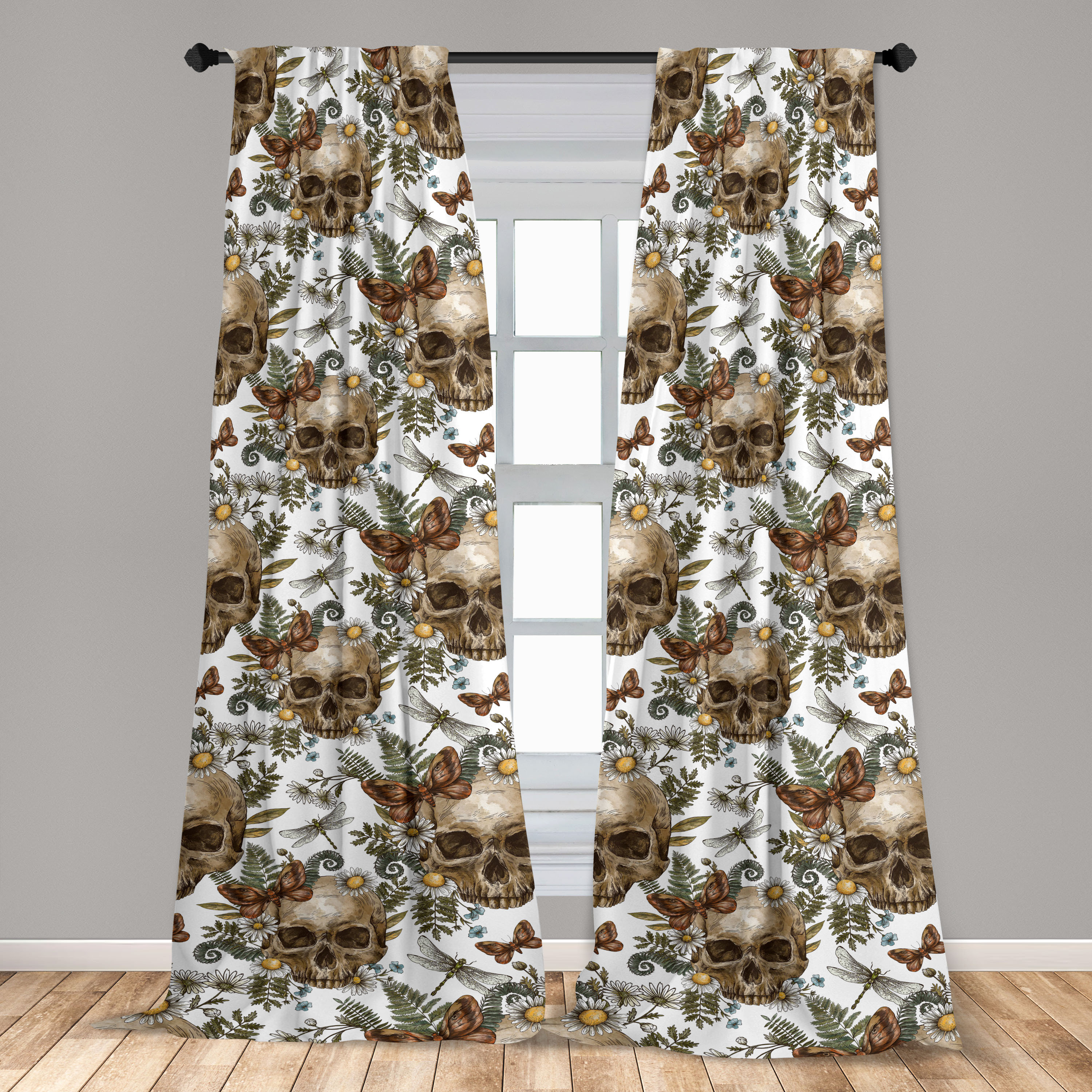 East Urban Home Skull Pattern Curtains Occult Leafy Bone Art Pair ...