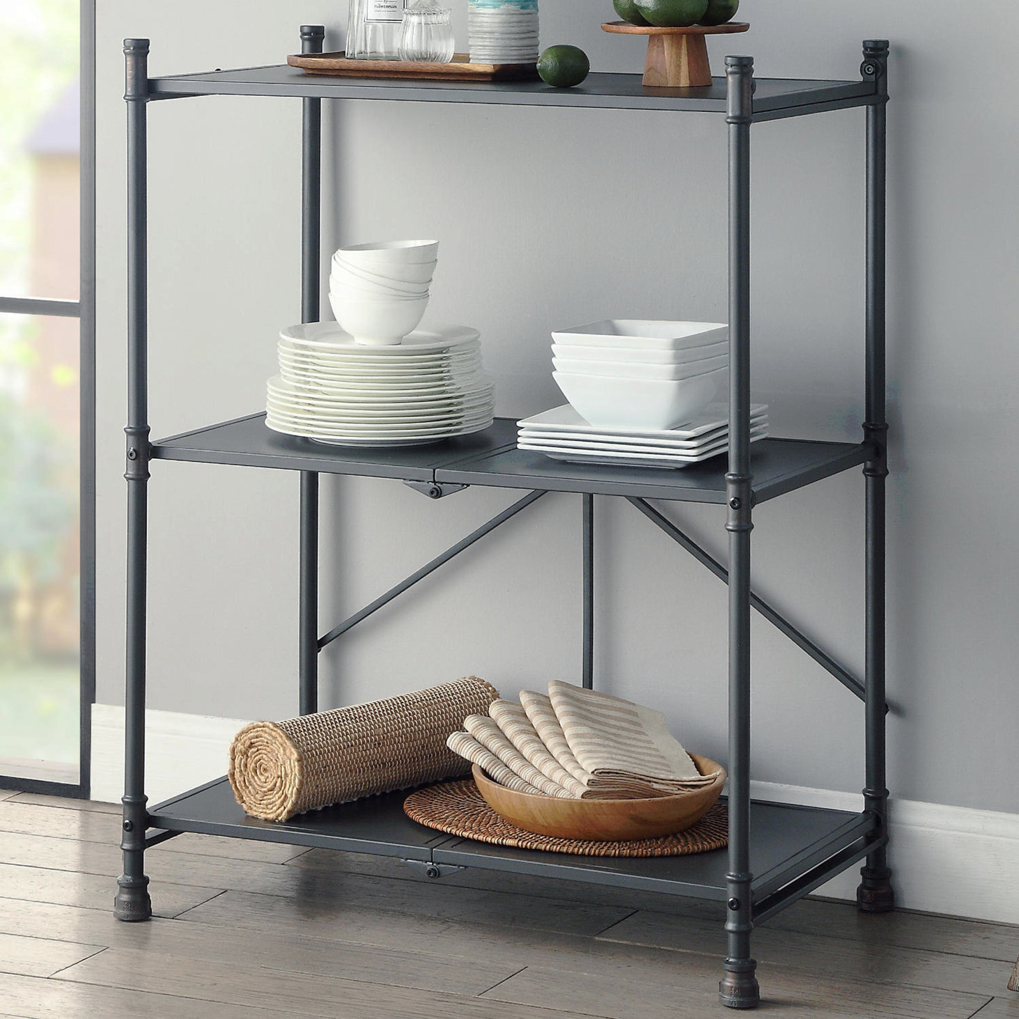 17 Stories 3 Tier Folding Console Table, Sandy Black And Dark Bronze ...