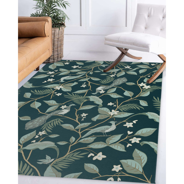 Blue Elephant Floral Machine Woven Teal Area Rug | Wayfair.co.uk