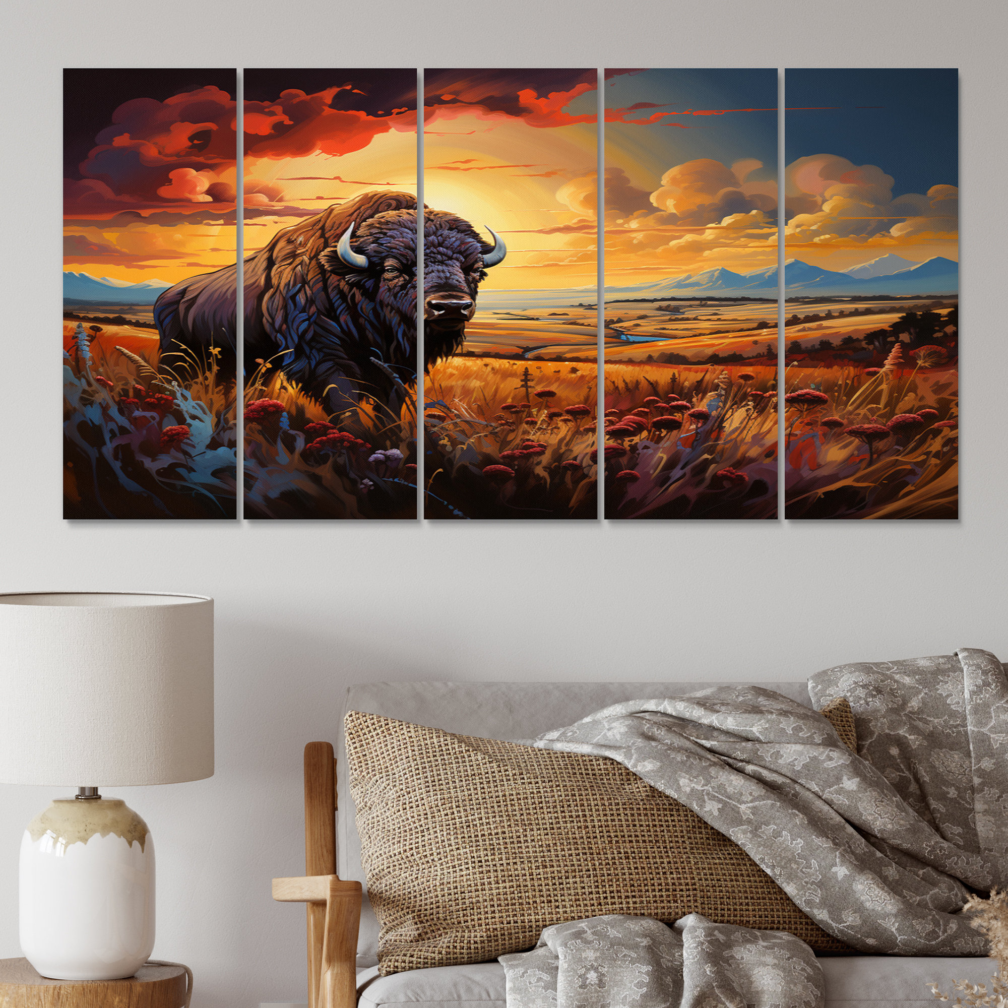 Union Rustic Native American Art Bison Spirit II On Canvas 5 Pieces ...