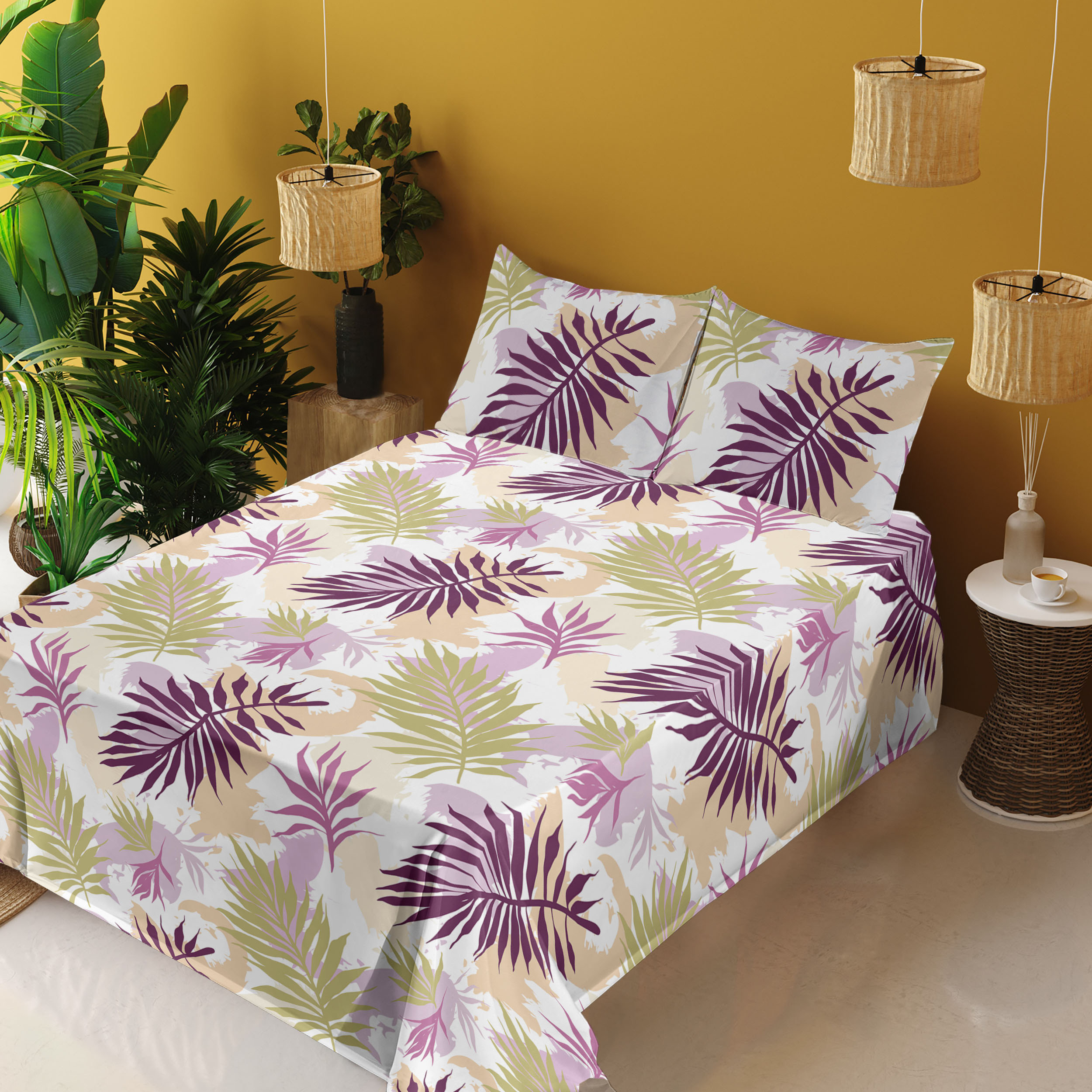 Ambesonne Tropical Sheet Set Modern Palm Tree Leaves Khaki Plum and ...