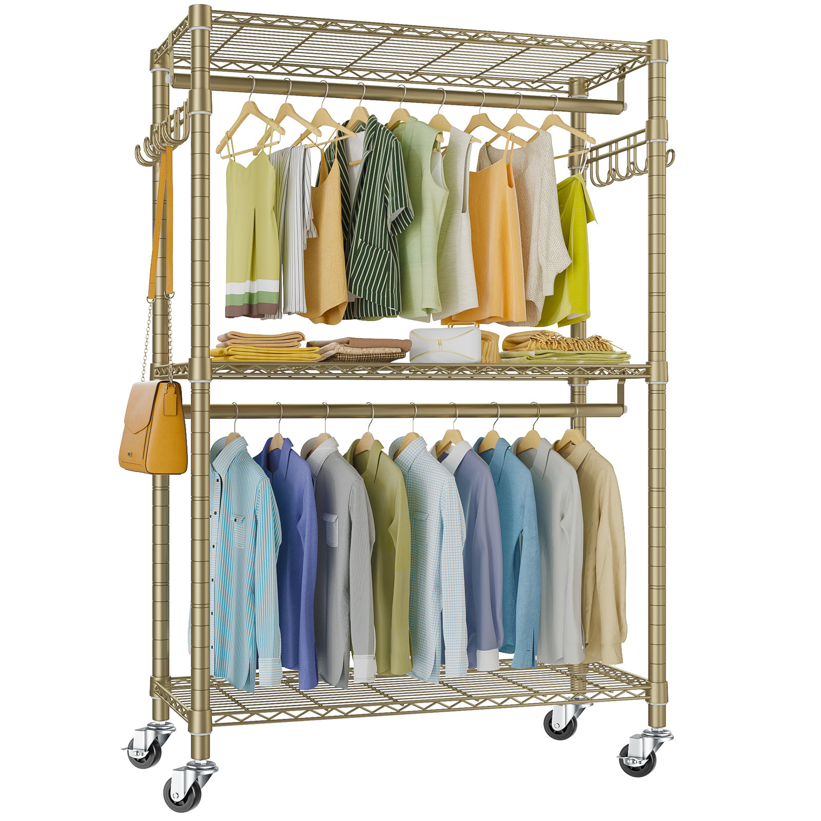 INKEDZ Heavy Duty Rolling Garment Rack 3 Tiers Adjustable Wire Shelving ...