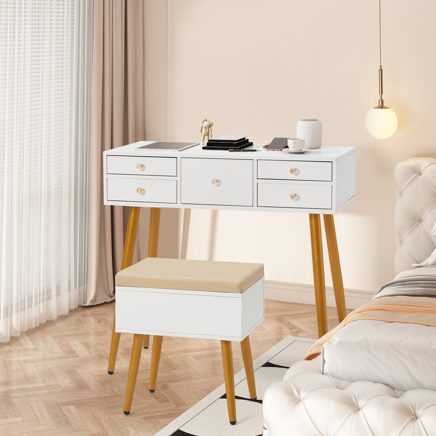 George Oliver Vanity Table With Storage Stool Set, 5 Drawers Vanity ...